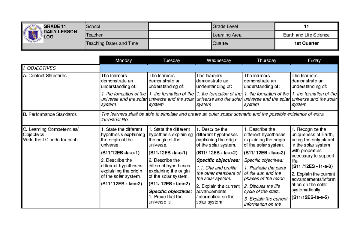 Grade 11 DLL EARTH SCIENCE - GRADE 11 DAILY LESSON LOG School Grade ...