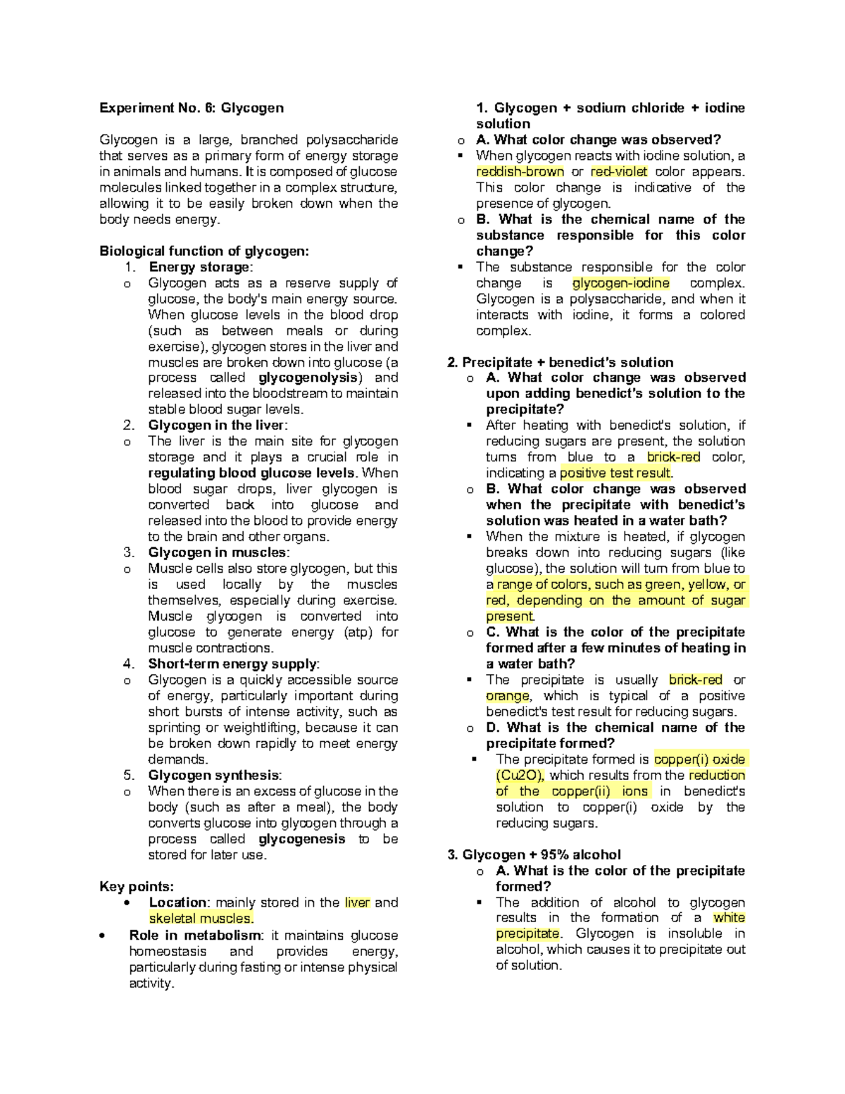 Biochem Lab Expt. 6-9 - huhuuu - Experiment No. 6: Glycogen Glycogen is ...