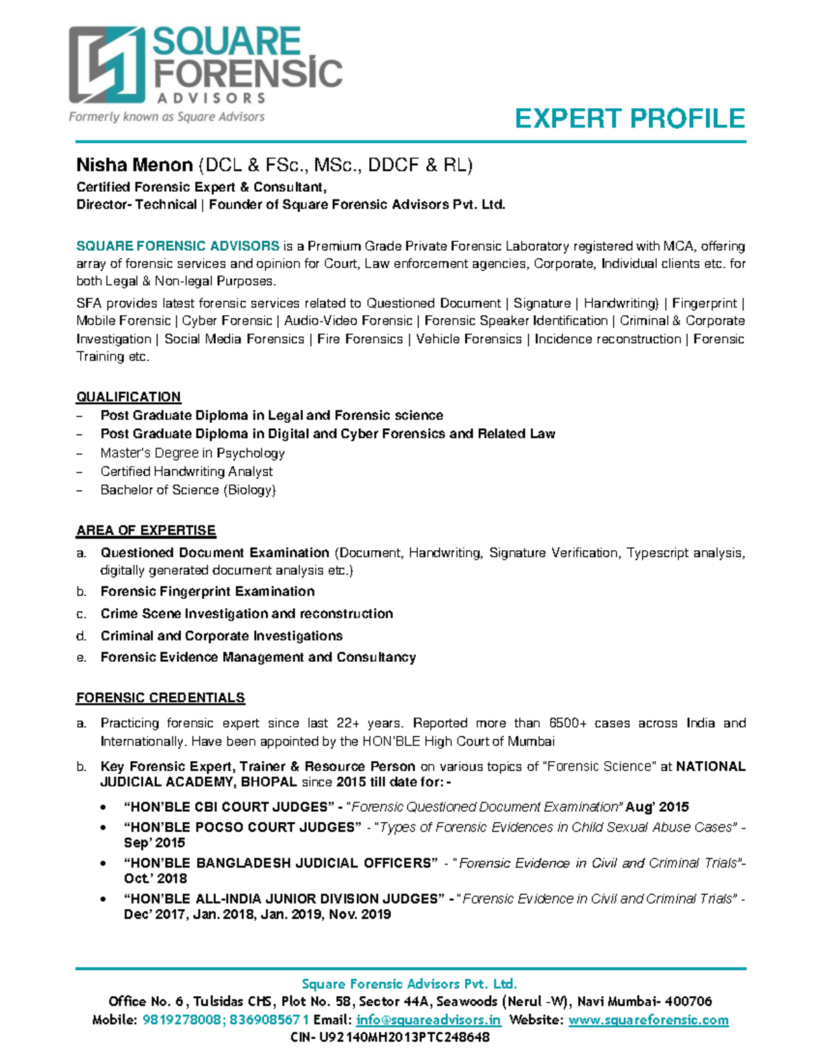 Profile Nisha Menon 2023 1 - Square Forensic Advisors Pvt. Ltd. Office ...