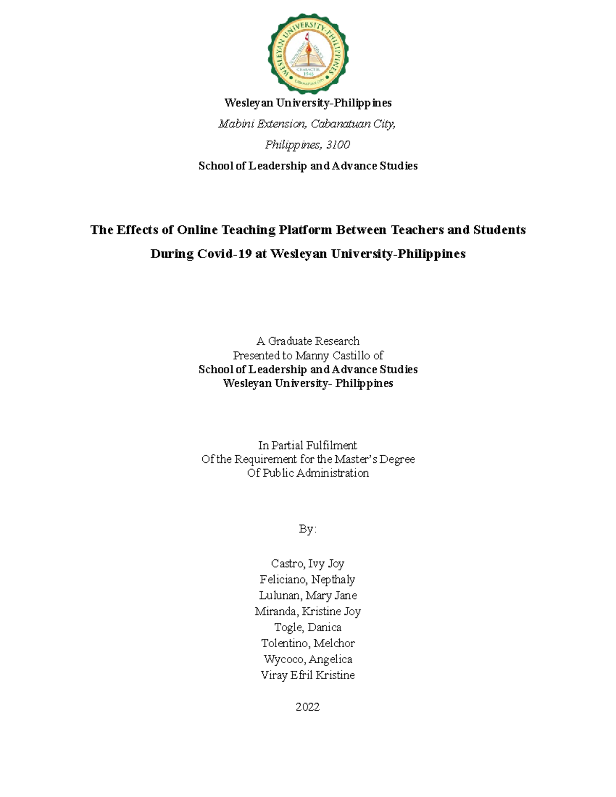 RESEARCH GROUP - Wesleyan University-Philippines Mabini Extension ...