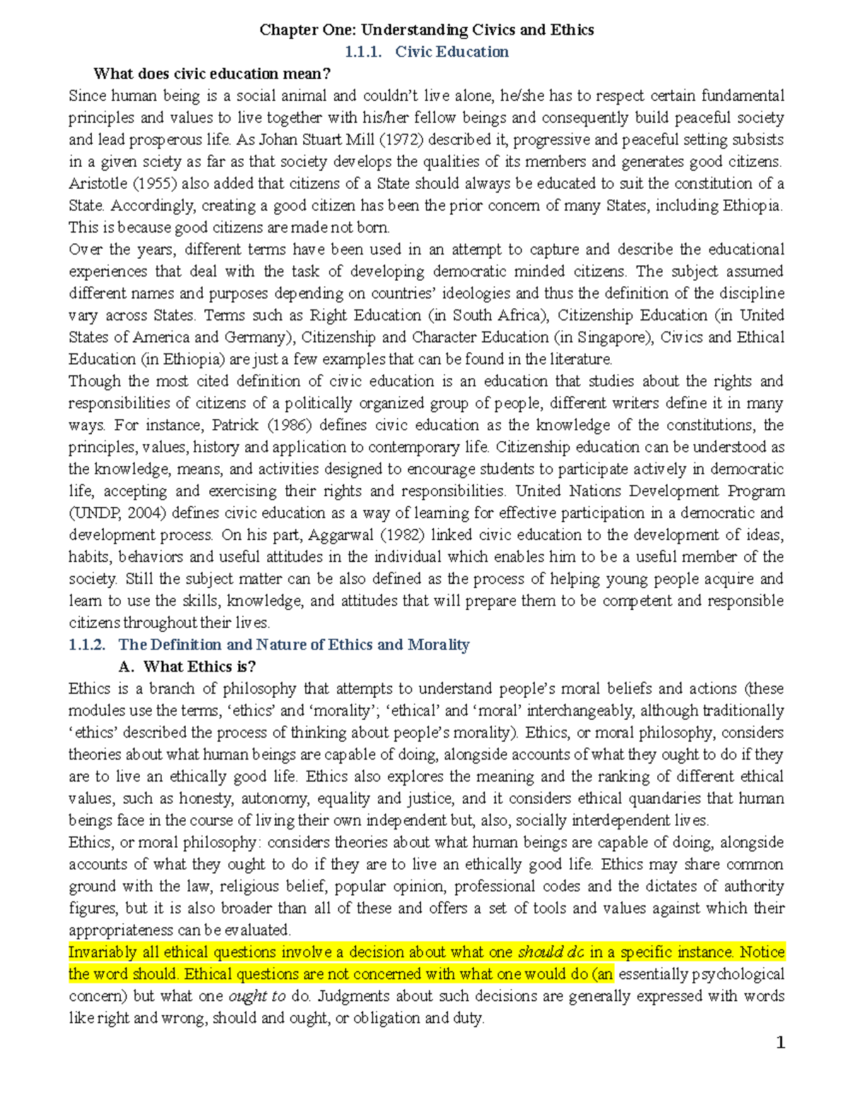 Chapter One - 1. Civic Education What does civic education mean? Since ...