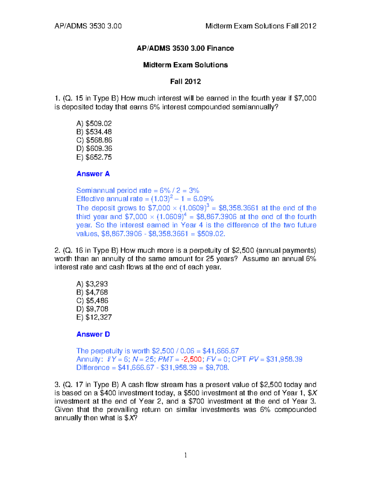 Exam 2012, Questions and answers - AP/ADMS 3530 3 Finance Midterm Exam ...