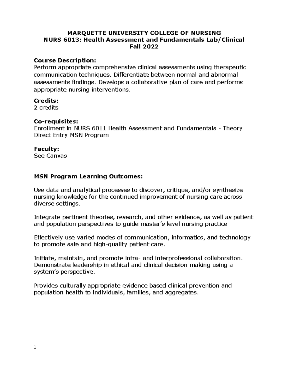 nursing syllabus - MARQUETTE UNIVERSITY COLLEGE OF NURSING NURS 6013 ...