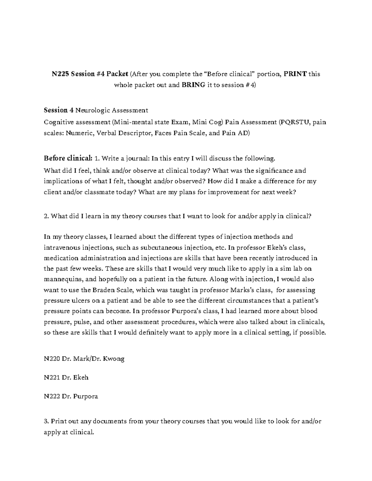 Neurological Assessment - N225 Session #4 Packet (After you complete ...