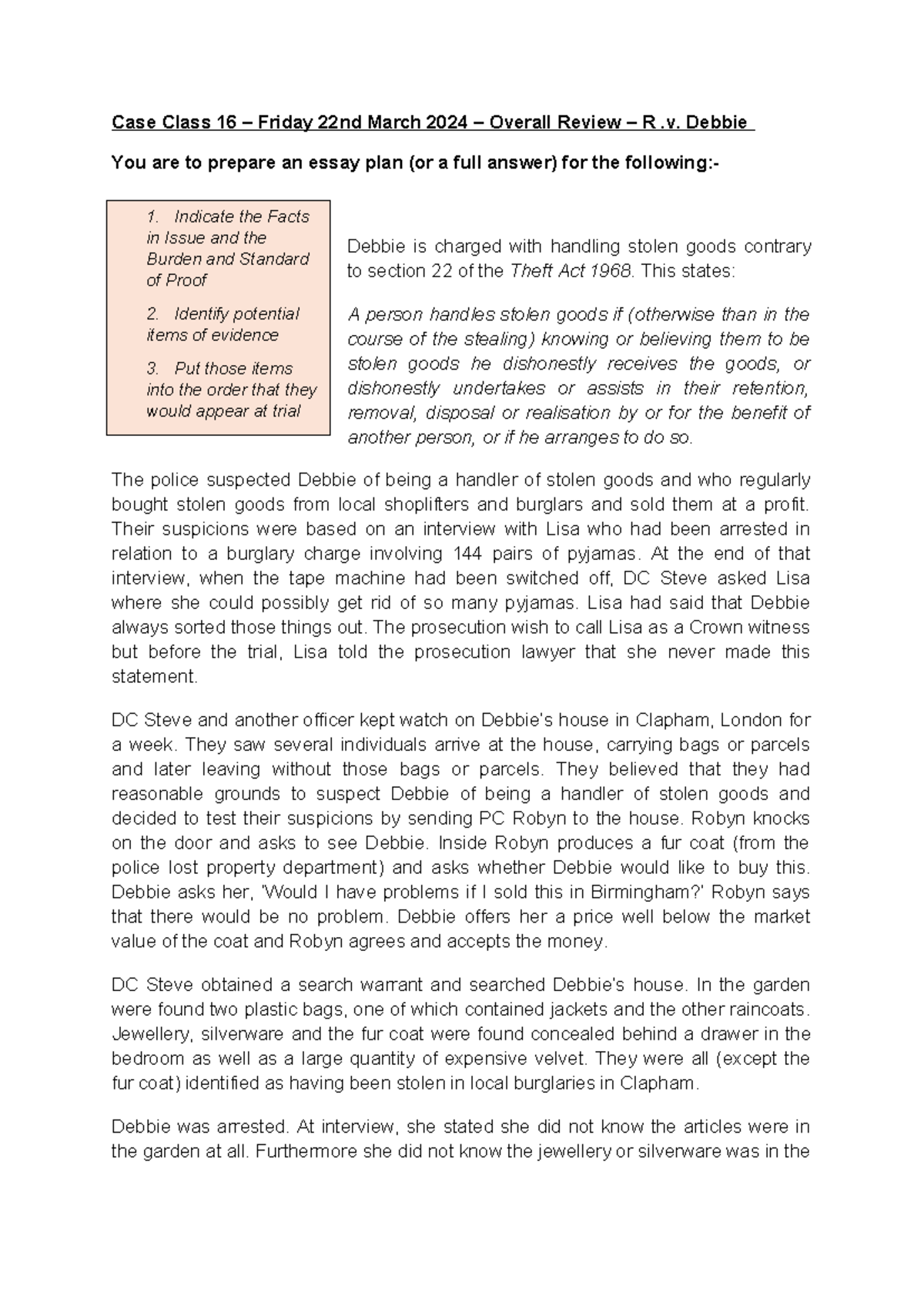 Case Class 16 – Friday 22nd March 2024 – Overall Review – R .v. Debbie ...