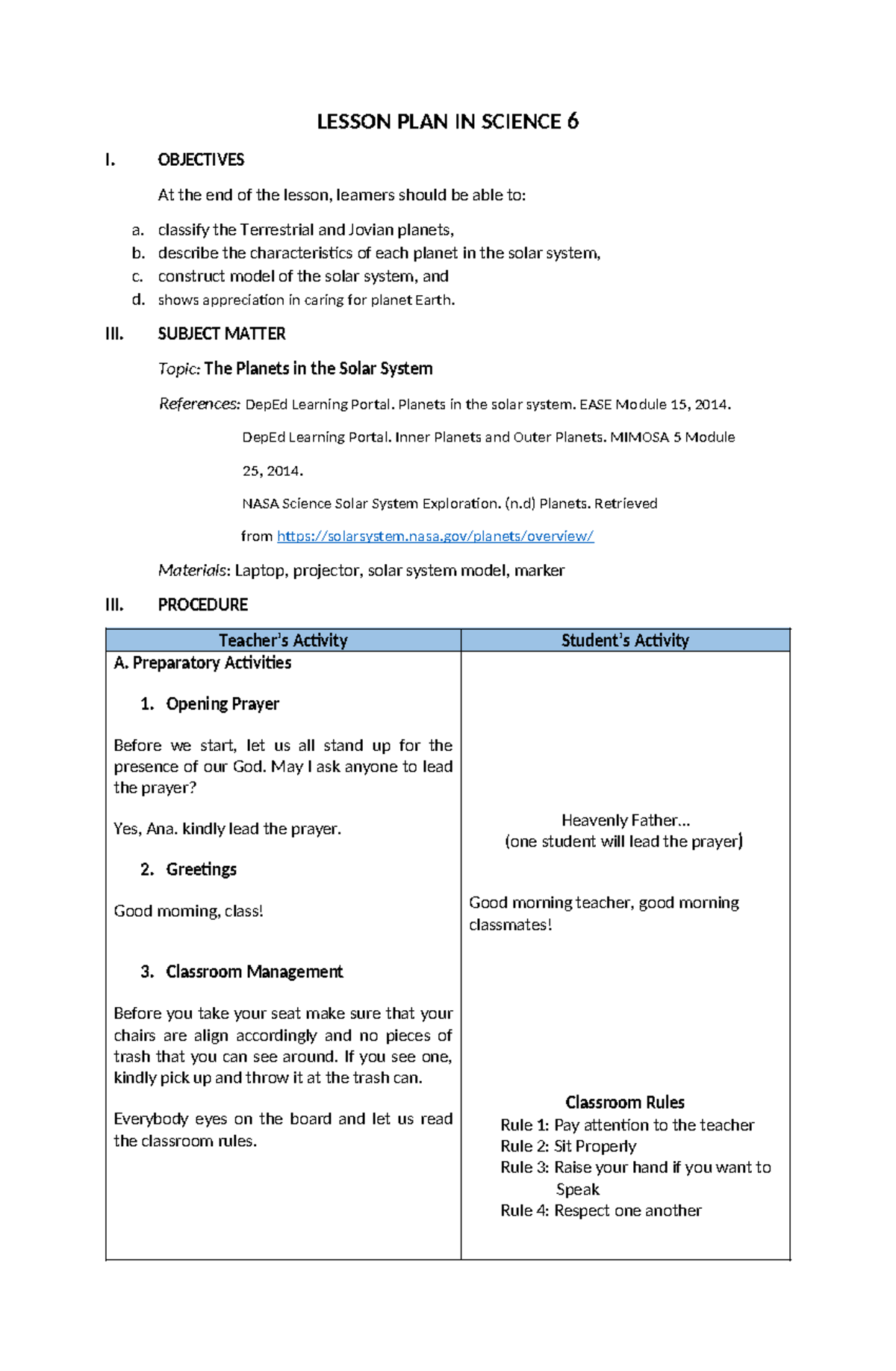 Planets in The Solar System - LESSON PLAN IN SCIENCE 6 I. OBJECTIVES At ...