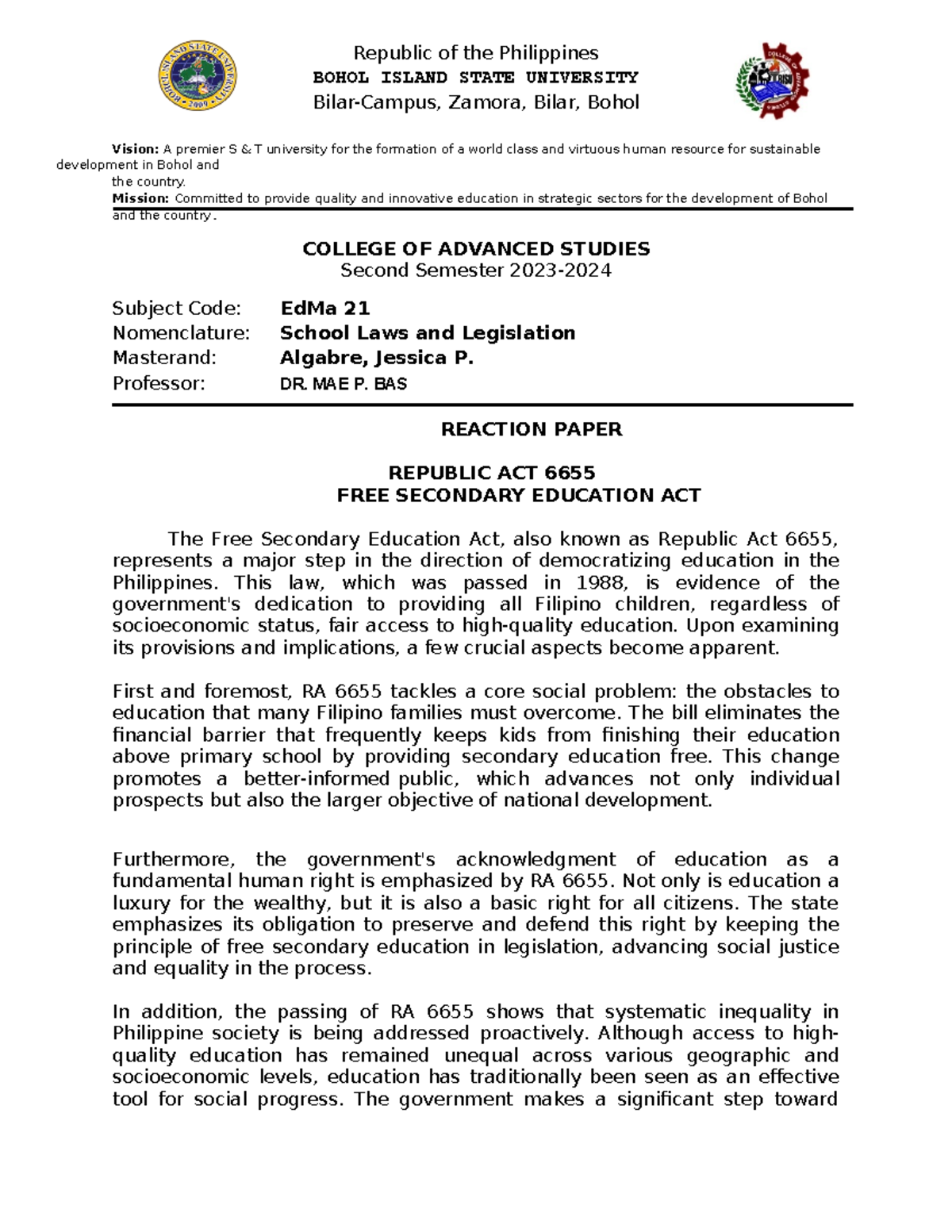 EDMA 21 Reaction Paper - Republic of the Philippines BOHOL ISLAND STATE ...