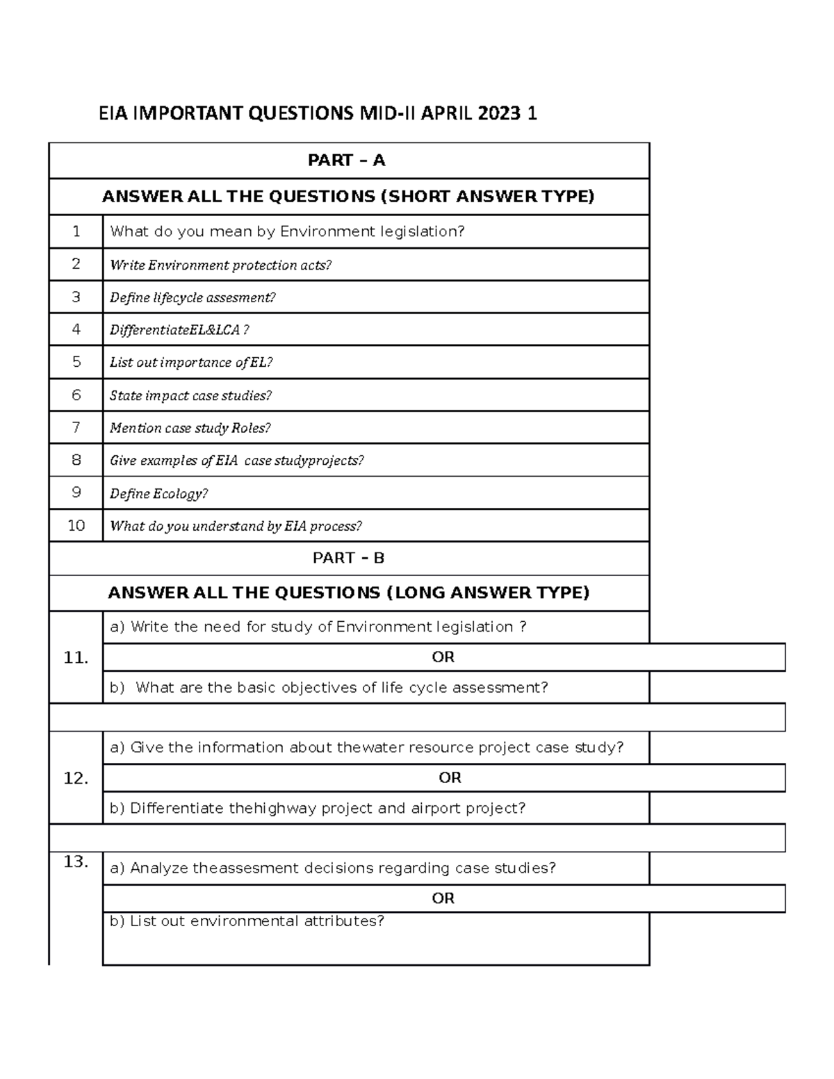 EIA Important Questions MID - EIA IMPORTANT QUESTIONS MID-II APRIL 2023 1 PART – A ANSWER ALL ...