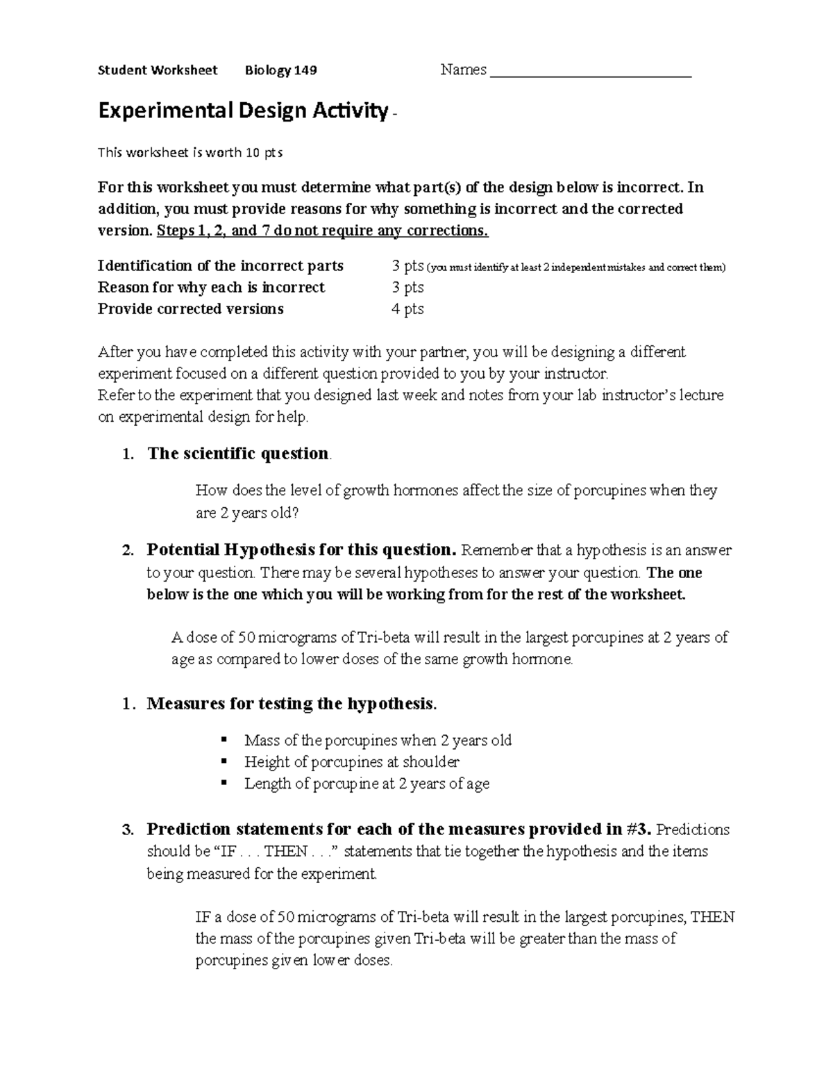 Experimental Design Activity - correct answers - Student Worksheet ...