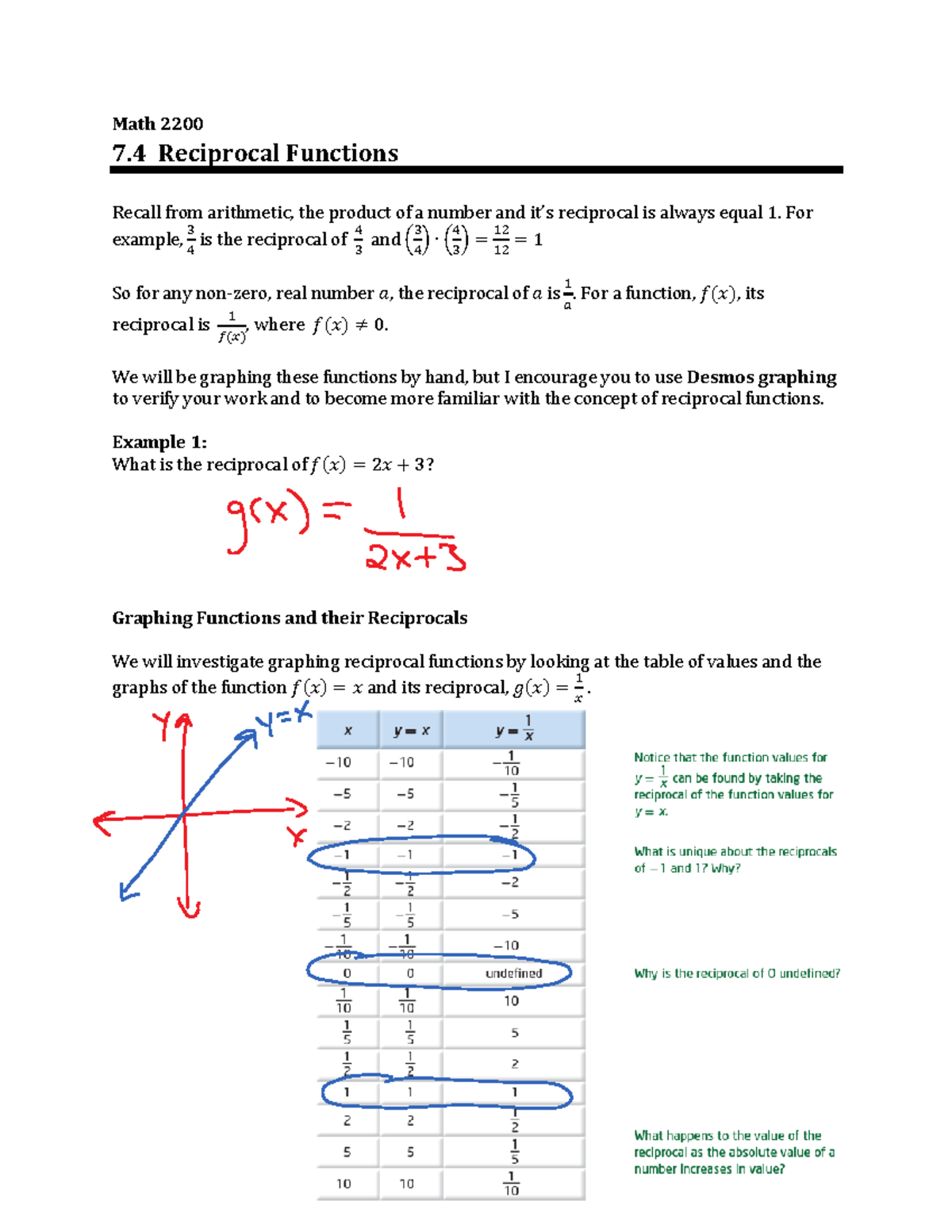 Reciprocal functions - Math 2200 7 Reciprocal Functions Recall from ...