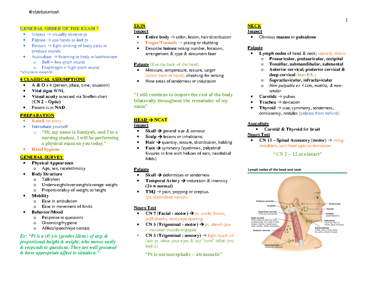 Complete head to toe physical assessment - NUR1020L - Studocu