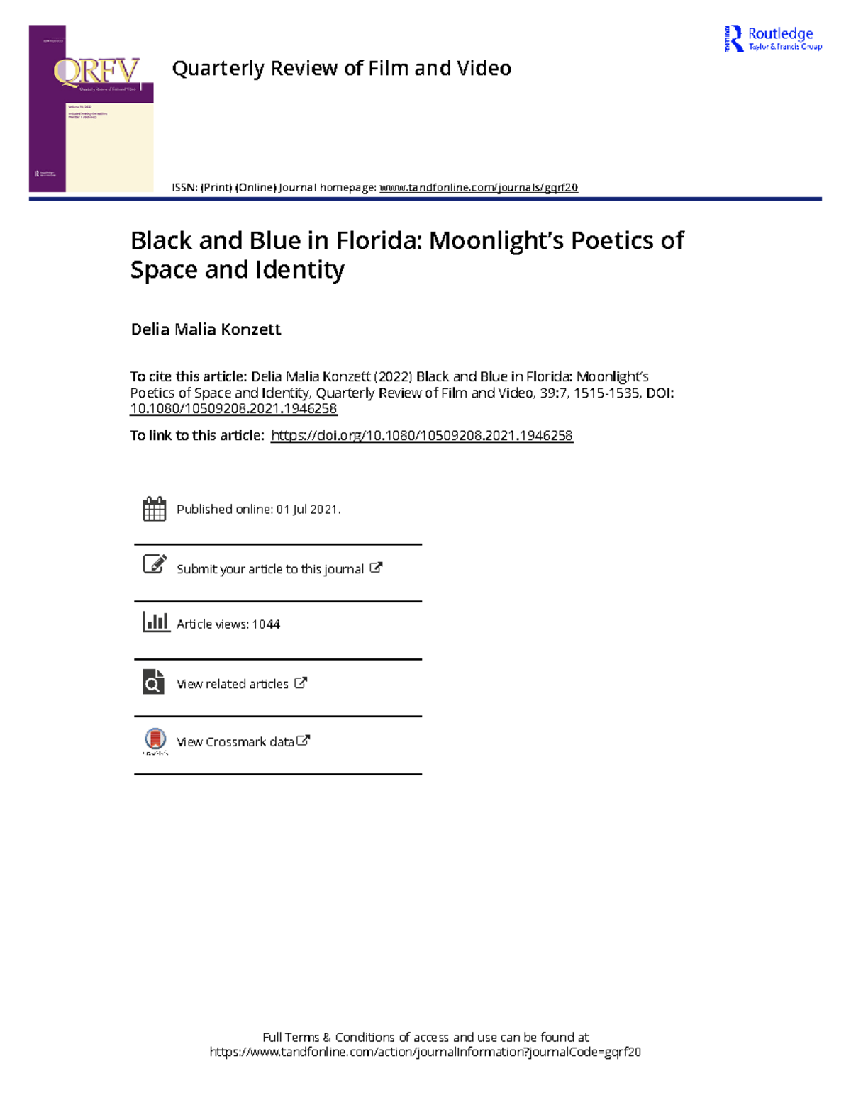 Black and Blue in Florida Moonlight s Poetics of Space and Identity - Full Terms & Conditions of ...