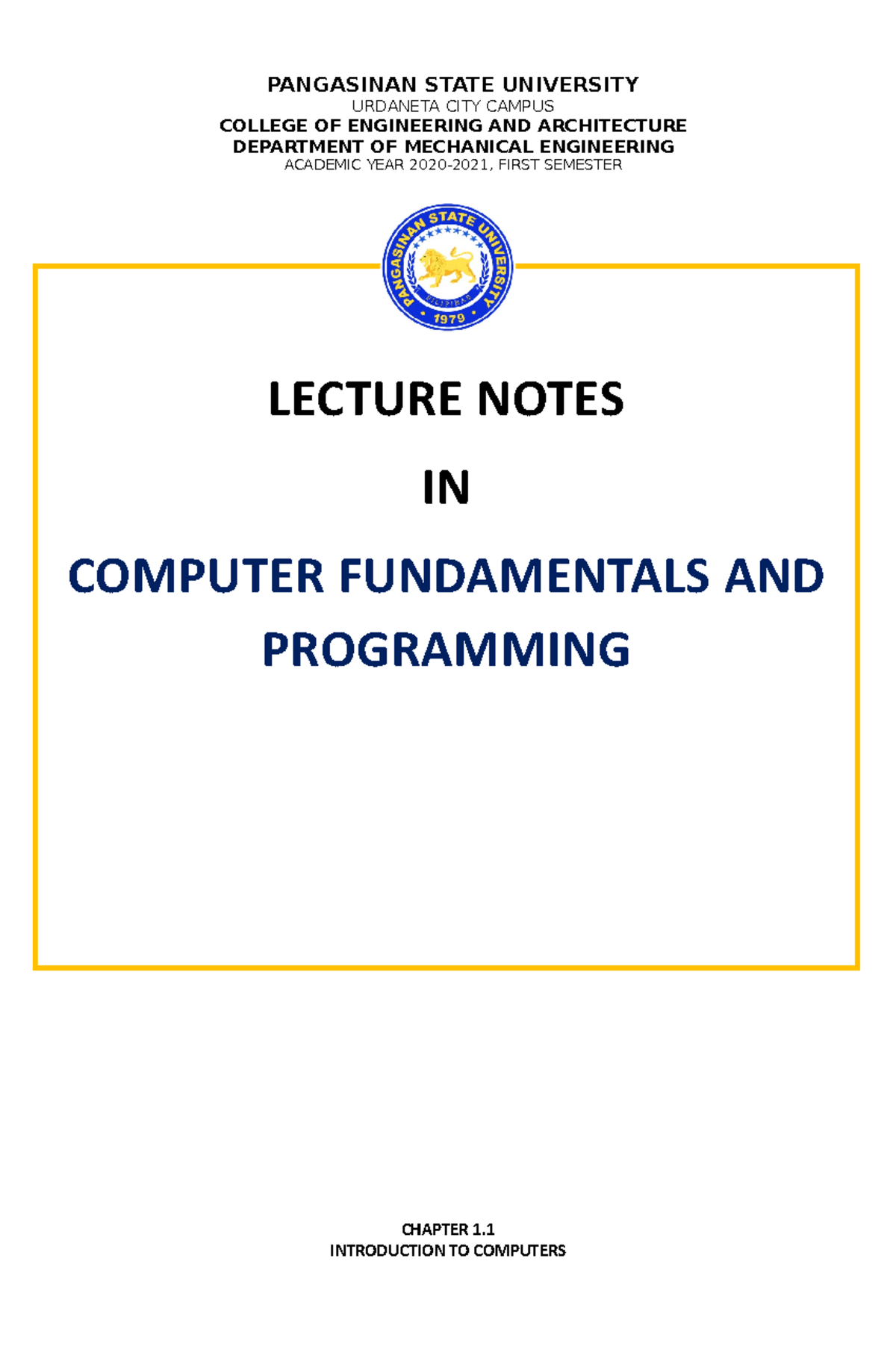 Lecture Notes - Computer Fundamentals and Programming - PangSU - Studocu