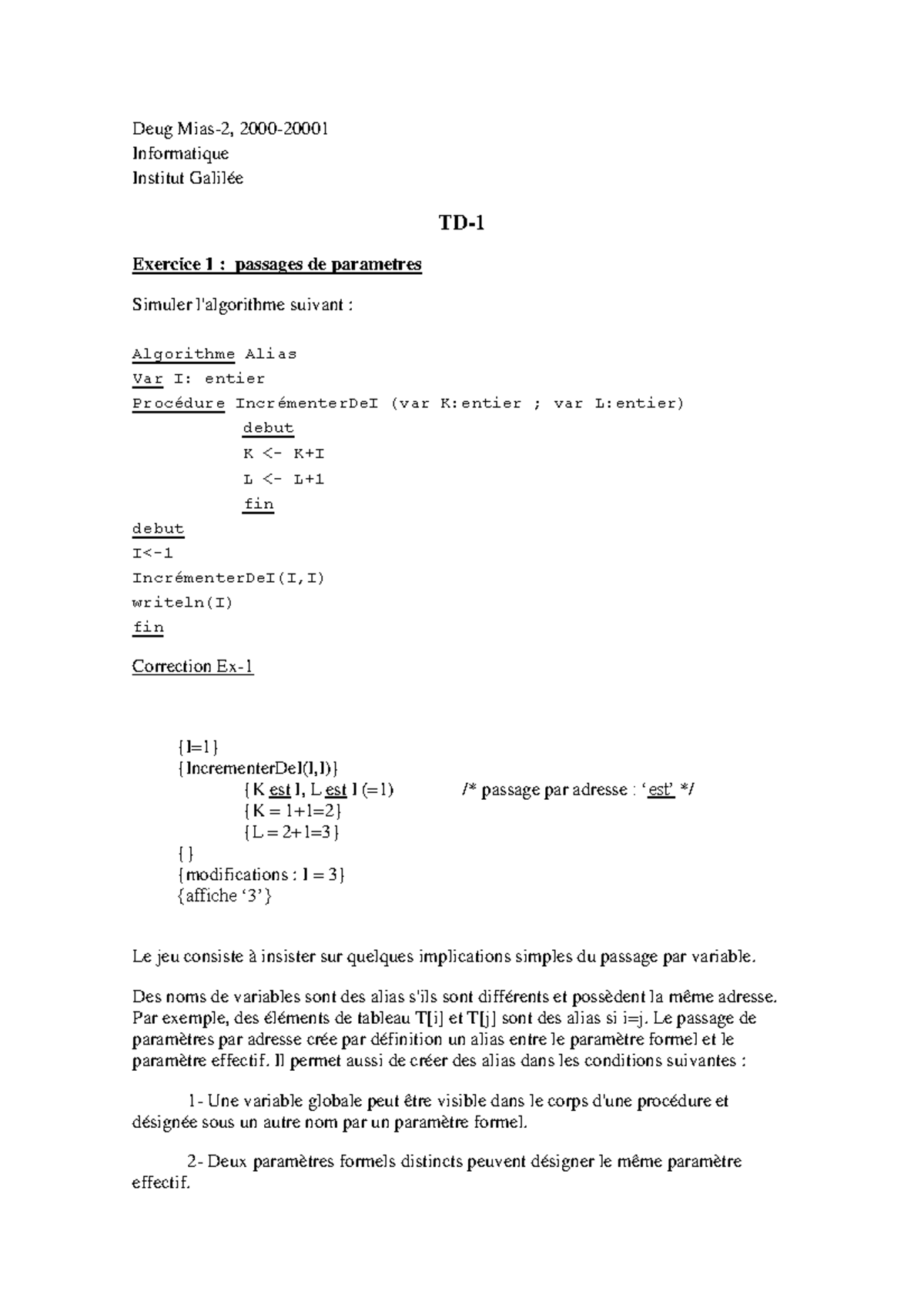 Ofpptmaroc - Td algorithmique - Deug Mias-2, 2000- Informatique Institut Galilée TD- Exercice 1 ...