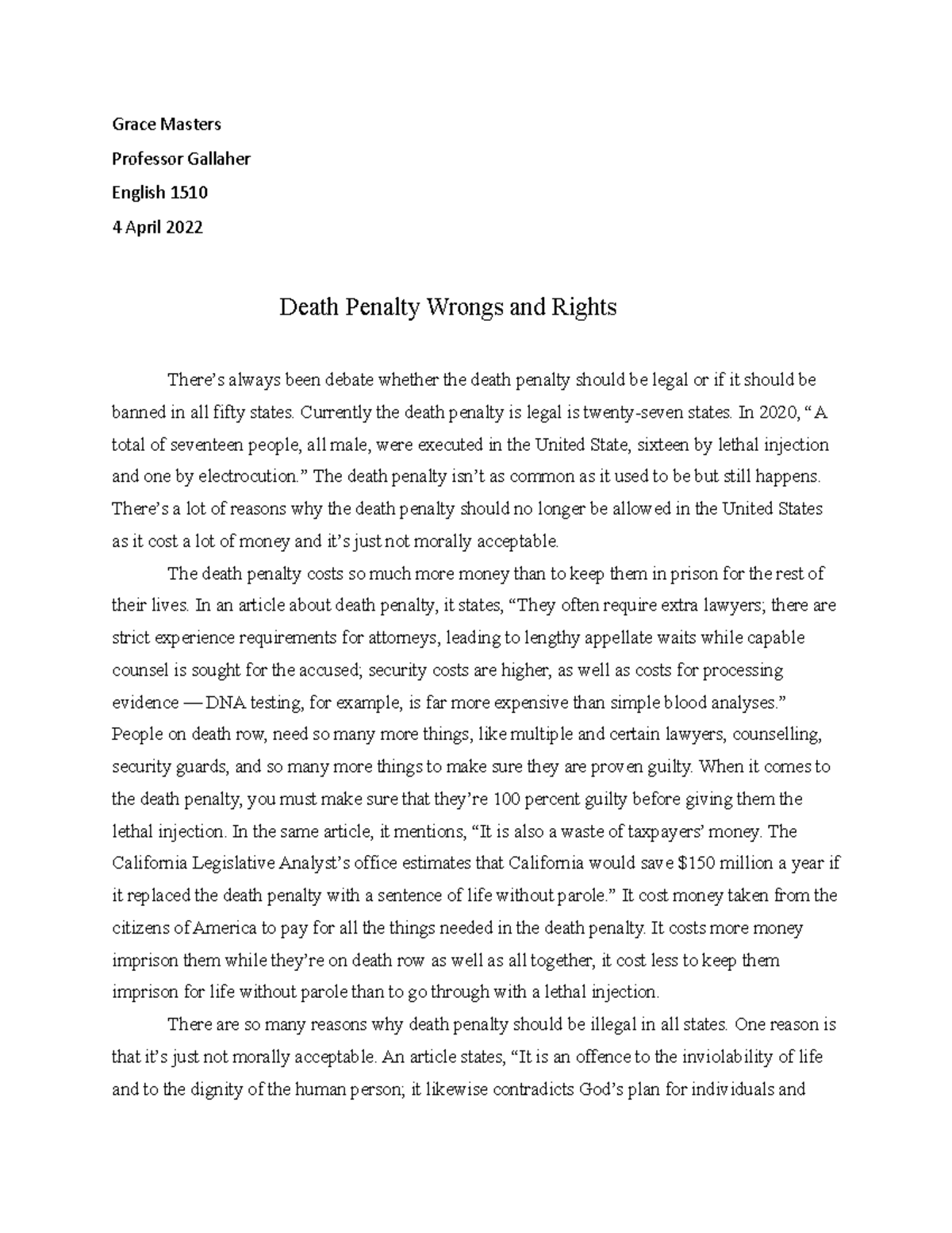 Draft 2 - Grace Masters Professor Gallaher English 1510 4 April 2022 ...