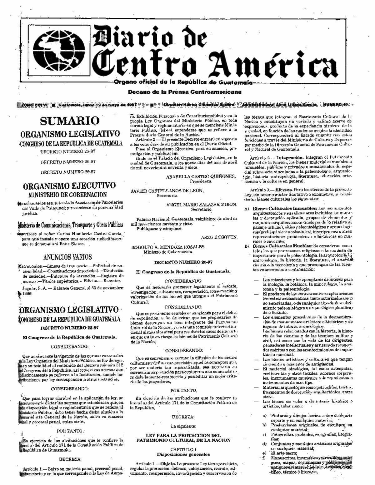 Decreto 26-97 (Ley Para la Proteccion del Patrimonio Cultural de la Nacion 12 05 1997 - Studocu