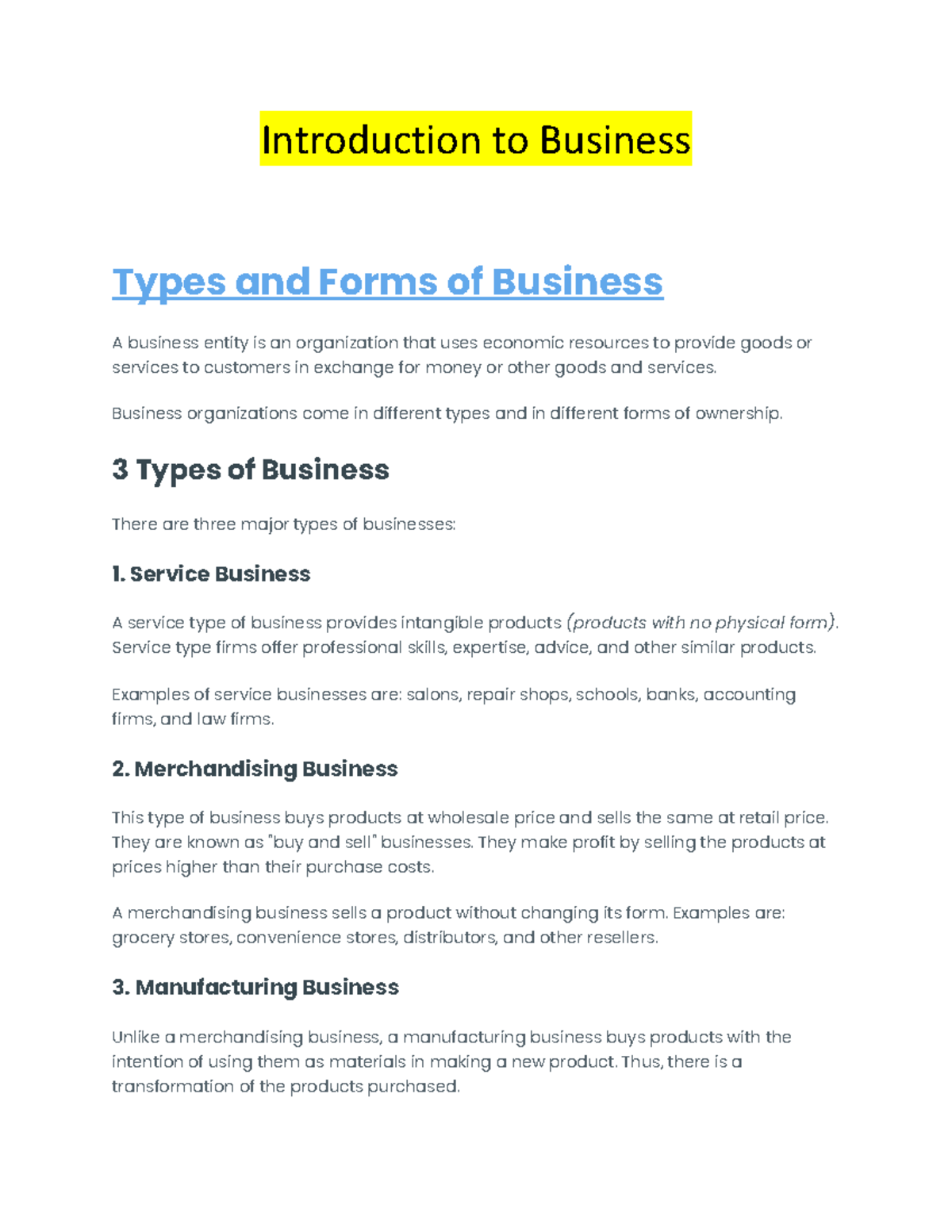 Lecture Note Introduction to Business - Introduction to Business Types ...