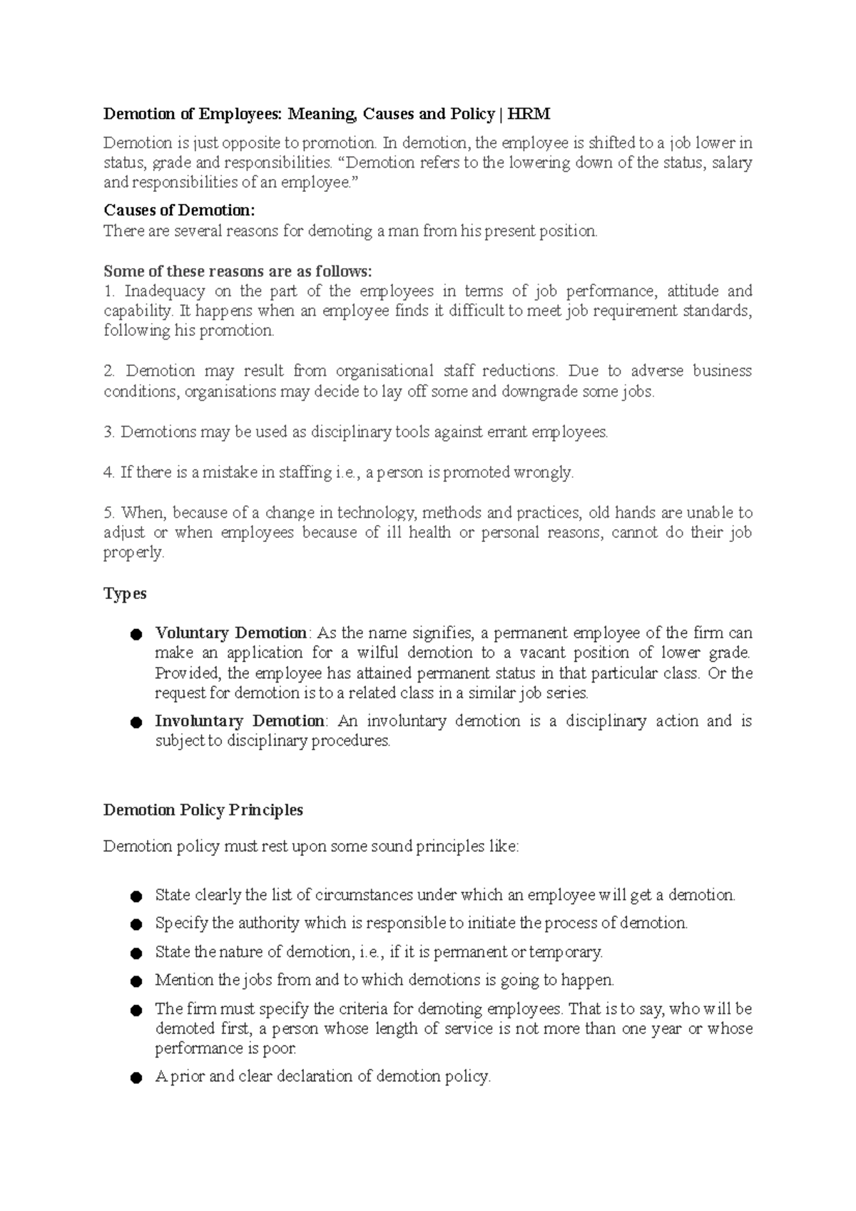 Demotion- HRM - TEXT - Demotion of Employees: Meaning, Causes and ...