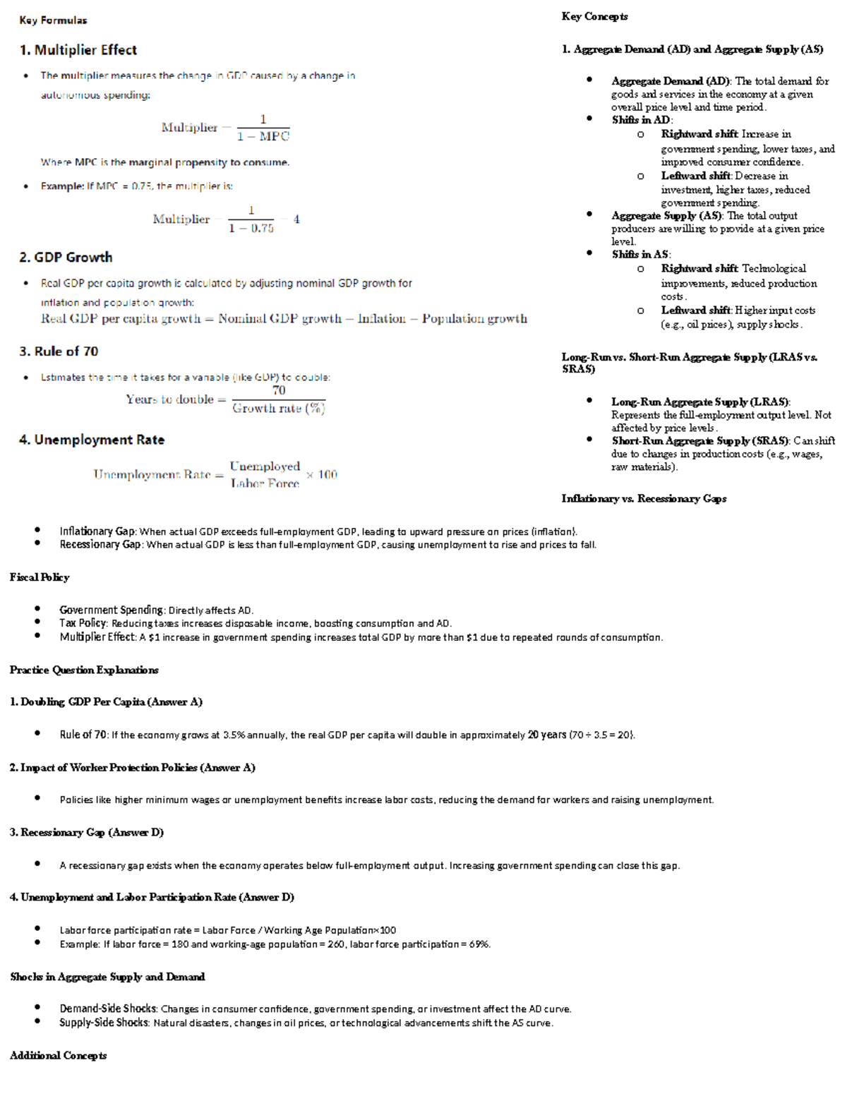 Eco 1002 Midterm 2 cheat sheet - Key Concepts 1. Aggregate Demand (AD) and Aggregate Supply (AS ...