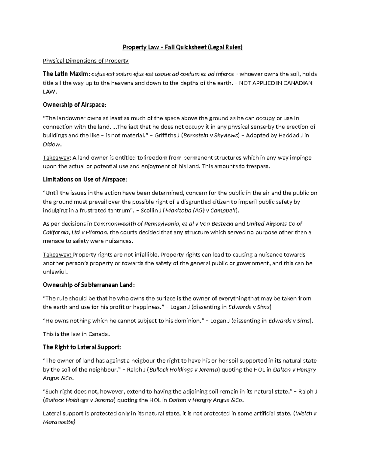 Property Law Quicksheet Fall Young - Property Law – Fall Quicksheet (Legal Rules) Physical - Studocu