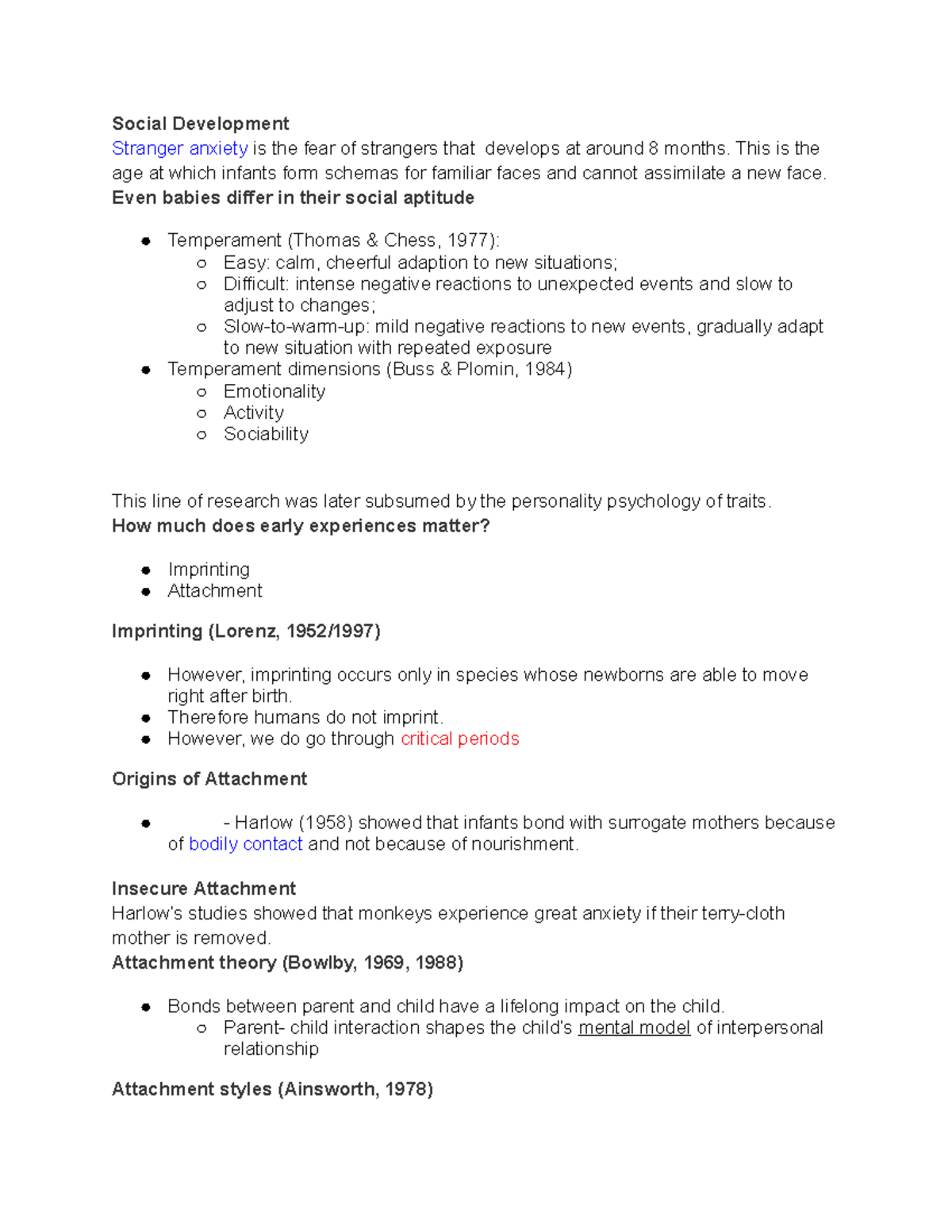 Psychology 100 – Lecture 4 - Social Development Stranger anxiety is the ...