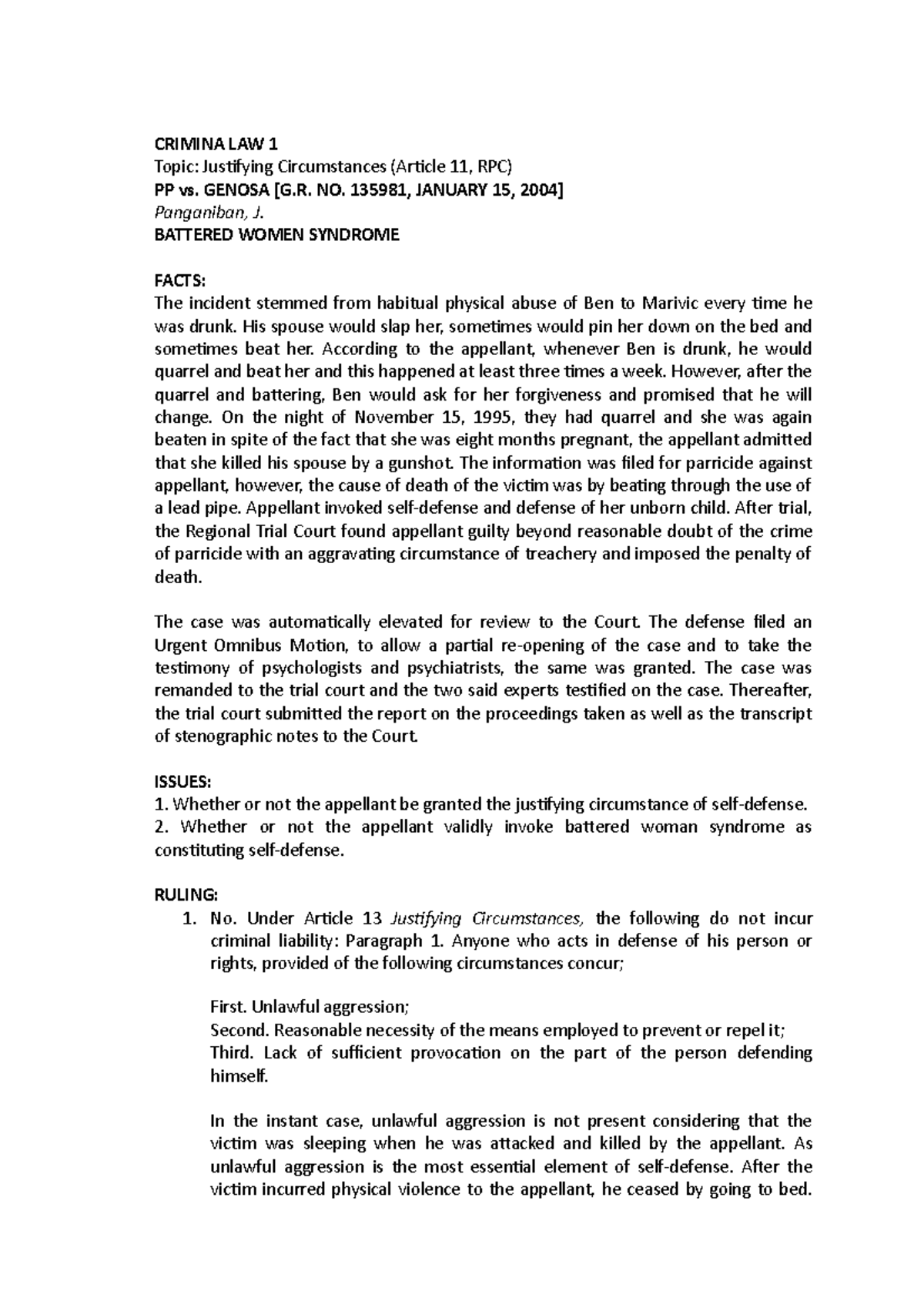 Crim law 1 People vs. Genosa (G.R. No. 135981) Battered Woman Syndrome ...