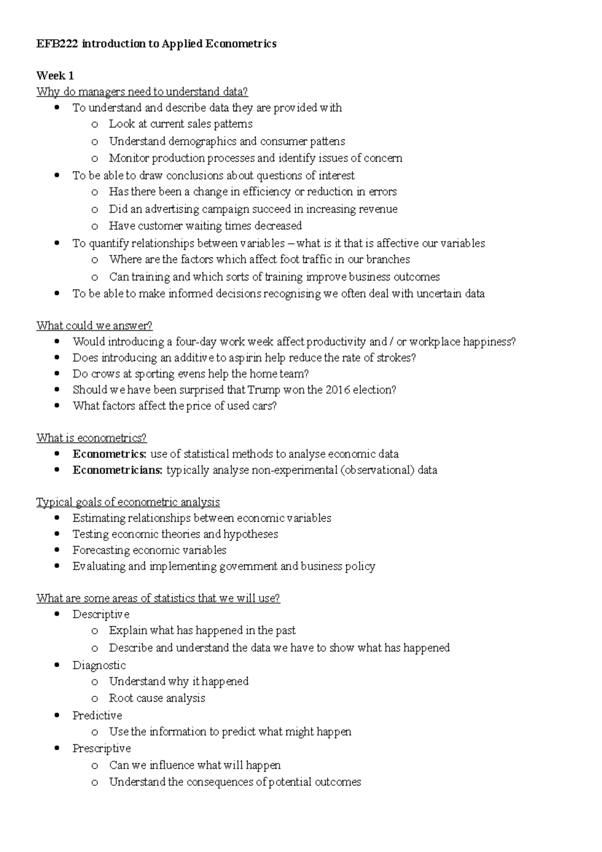 EFB222 Lecture 2 - EFB222 introduction to Applied Econometrics Week 1 Why do managers need to ...