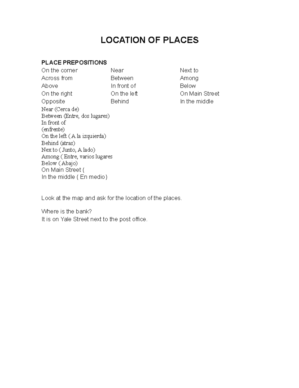 Location OF Places Material - LOCATION OF PLACES PLACE PREPOSITIONS On ...