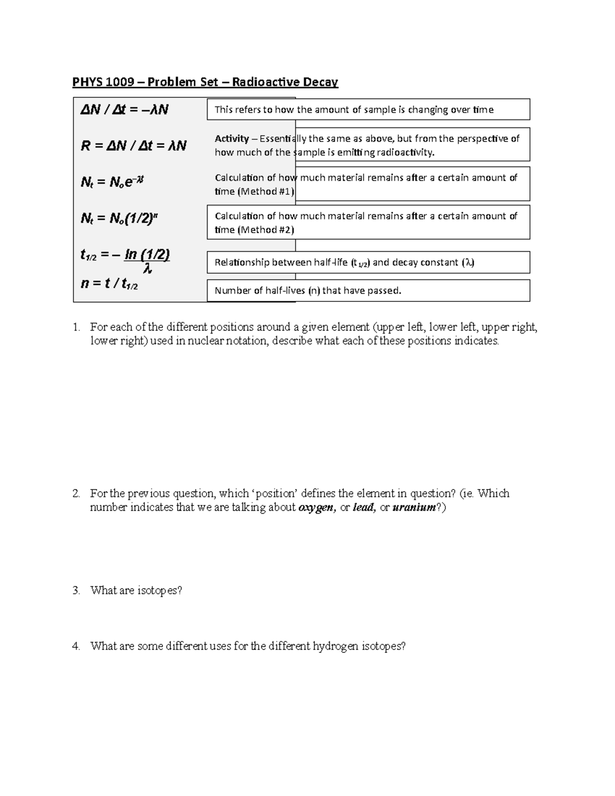 13 - Problem Set - Radioactive Decay - PHYS 1009 – Problem Set ...