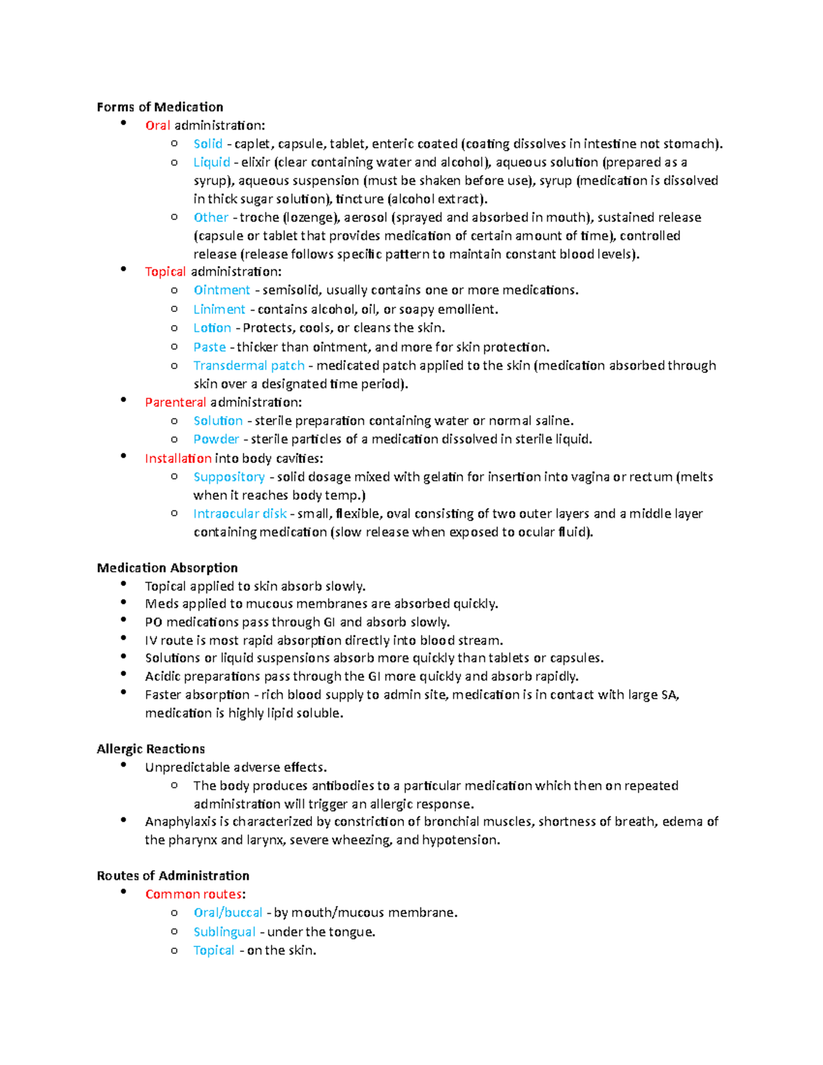 NURS206 Medications - Notes - Forms of Medication Oral administration ...