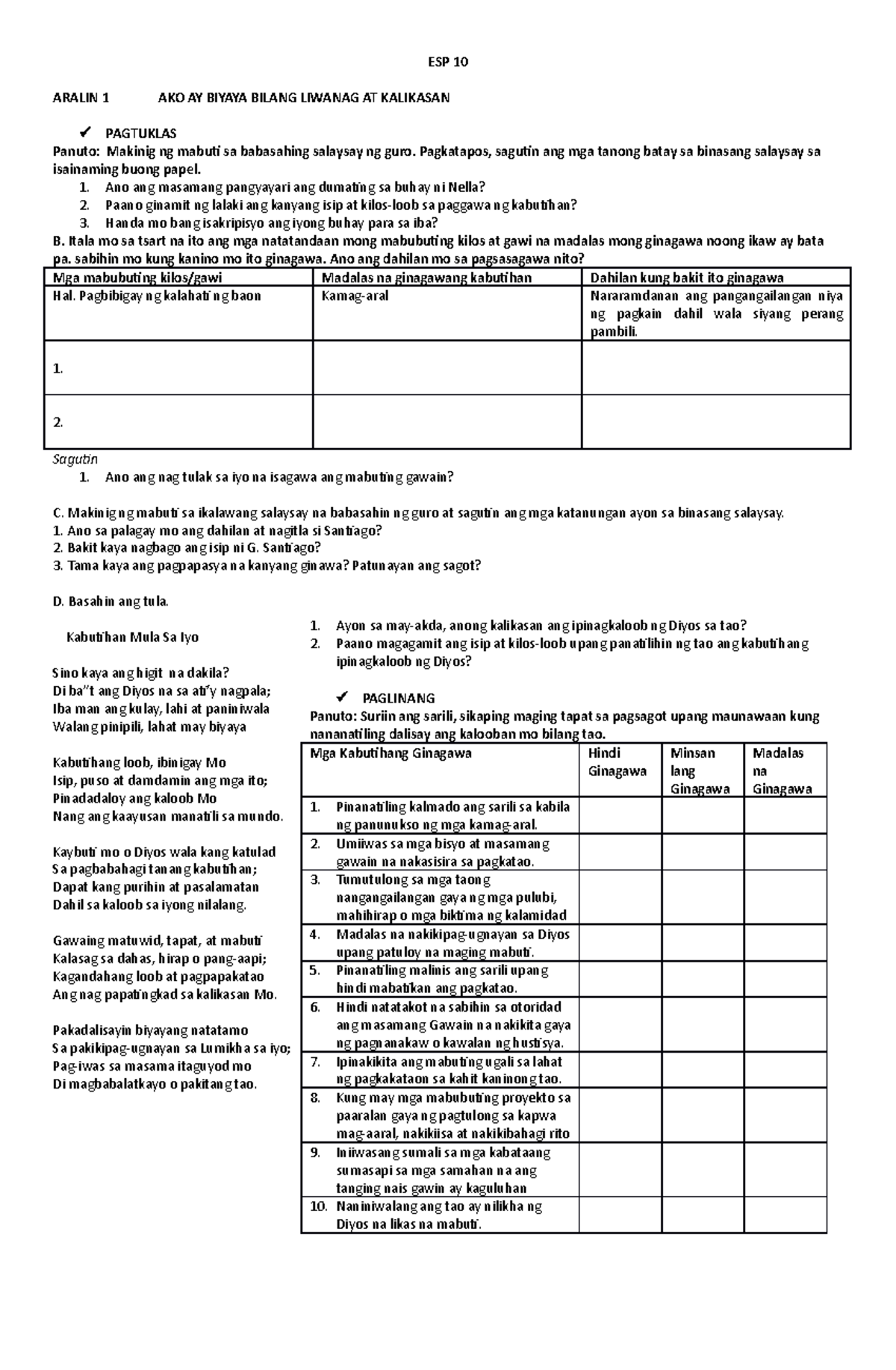 ESP 10 WEEK 1 module OCT 3-OCT 7 - ESP 10 ARALIN 1 AKO AY BIYAYA BILANG ...