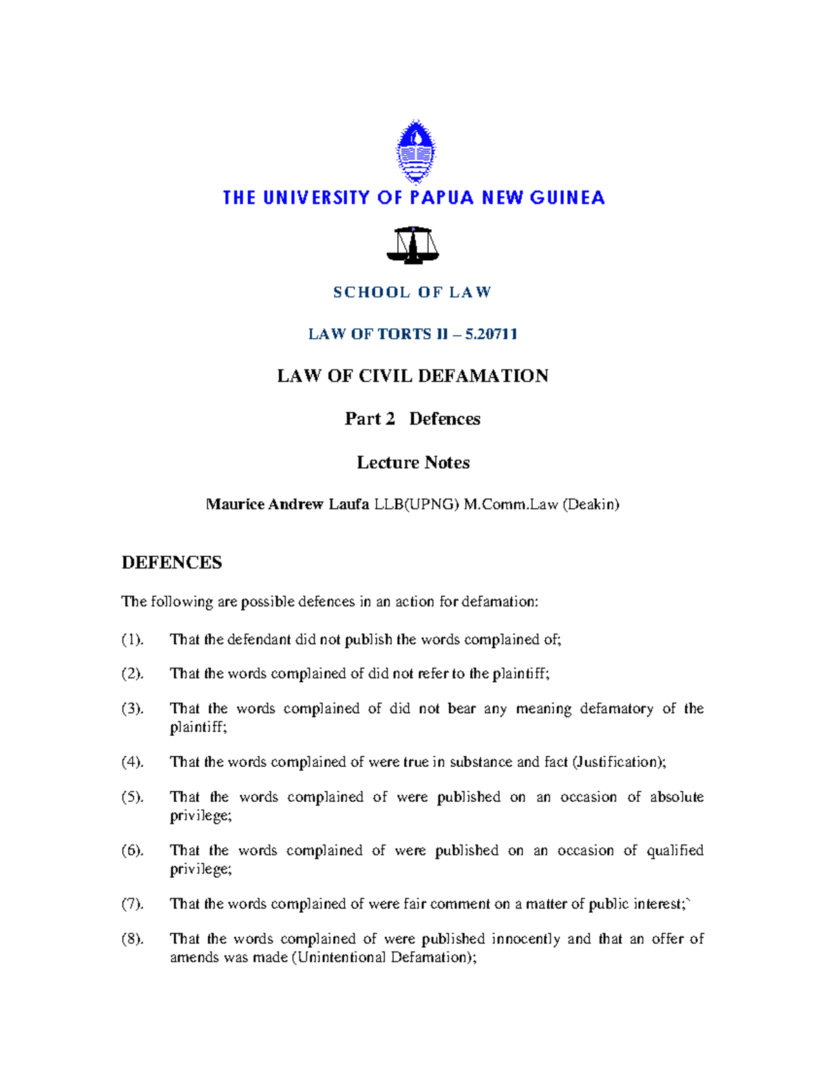 Law Of Defamation Part 2 Defences Lecture Notes The University Of