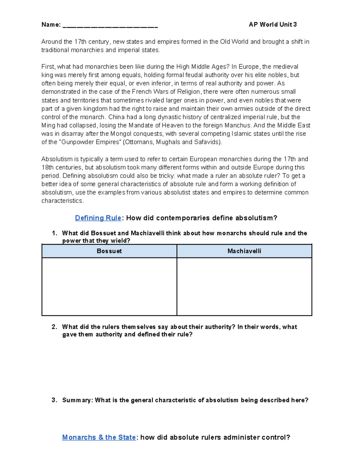 Defining Absolutism Part 1 - Name: ___________________________ AP World ...
