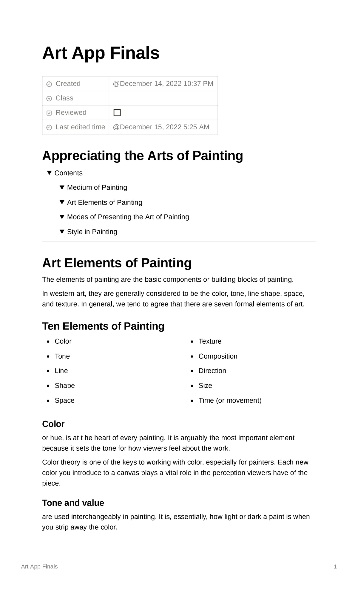Art App Finals - her - Art App Finals Created Class Reviewed Last edited time Appreciating the ...