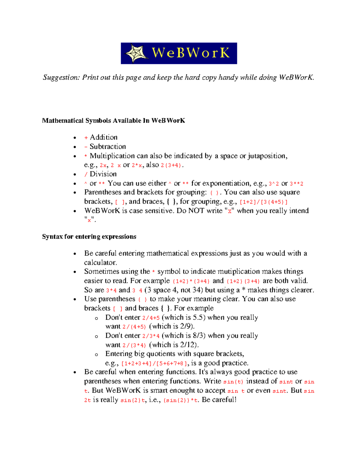 Web Work Syntax - Summary Electrical Engineering - Suggestion: Print out this page and keep the ...