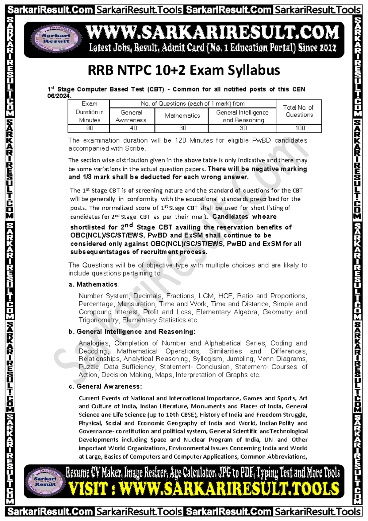 RRB NTPC Under Gradudate Level Syllabus CEN062024 - RRB NTPC 1 st Stage ...