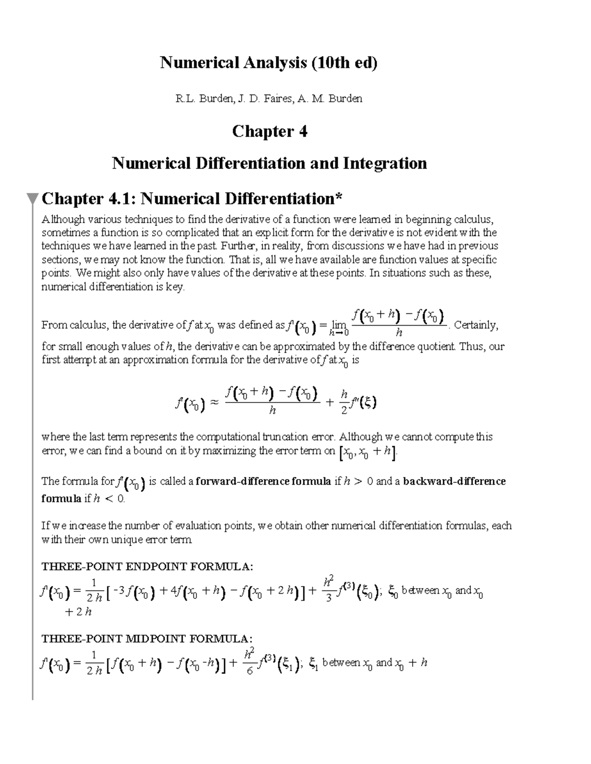 4 - Year Module Chapter Summary 2023 - Numerical Analysis (10th ed) R. Burden, J. D. Faires, A ...