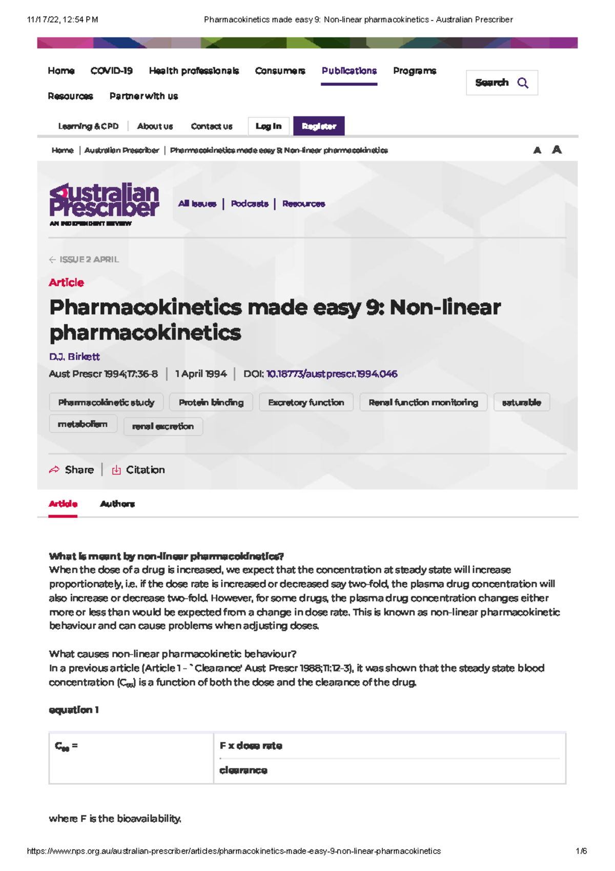 Pharmacokinetics made easy 9 Non-linear pharmacokinetics - Australian ...