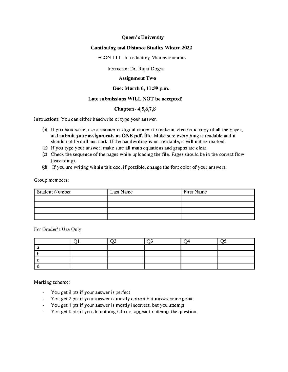 Assignment 2 ECON 111 Winter 2022 Semester 2 - Queen’s University ...