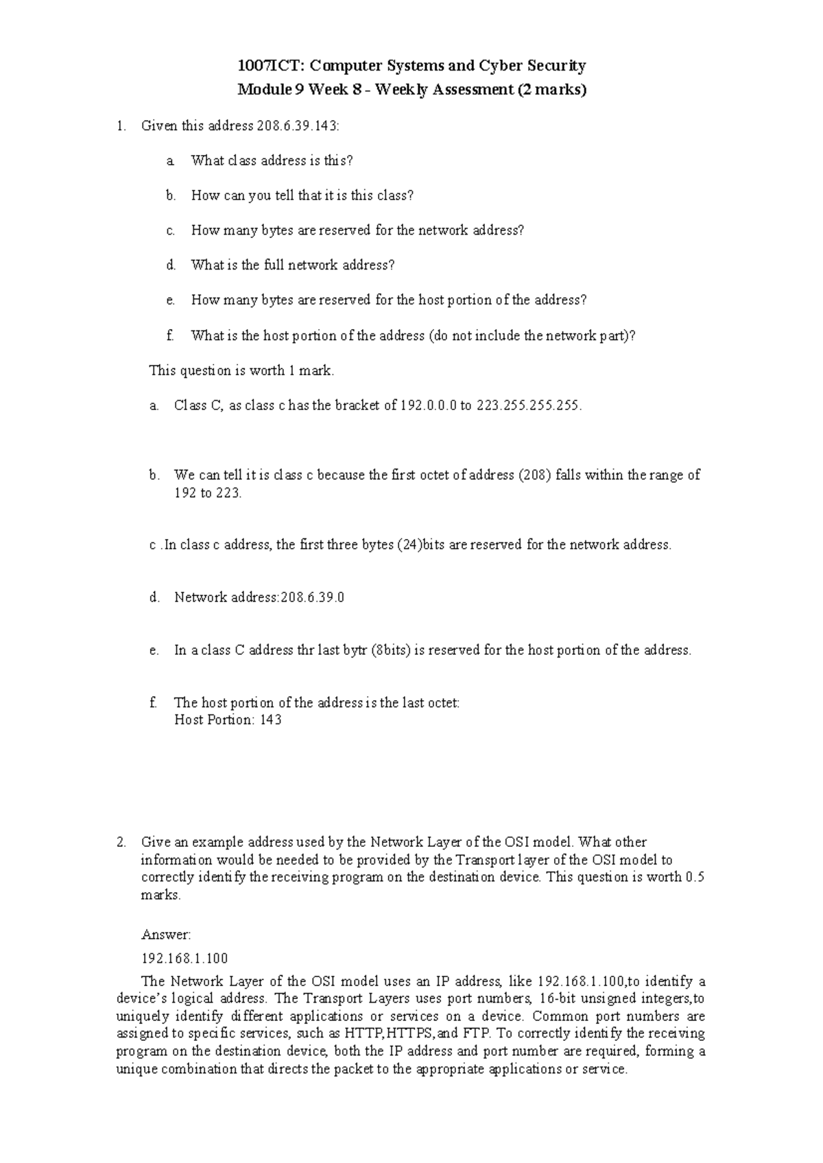 1007ICT Module 9 Week 8 Weekly Assessment - 1007ICT: Computer Systems and Cyber Security Module ...