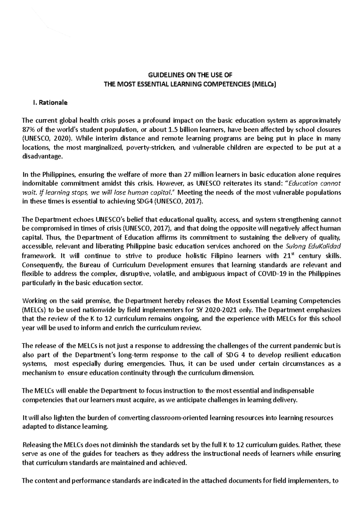 Melcs-Guidelines - This is for curriculum instruction - 1 GUIDELINES ON ...