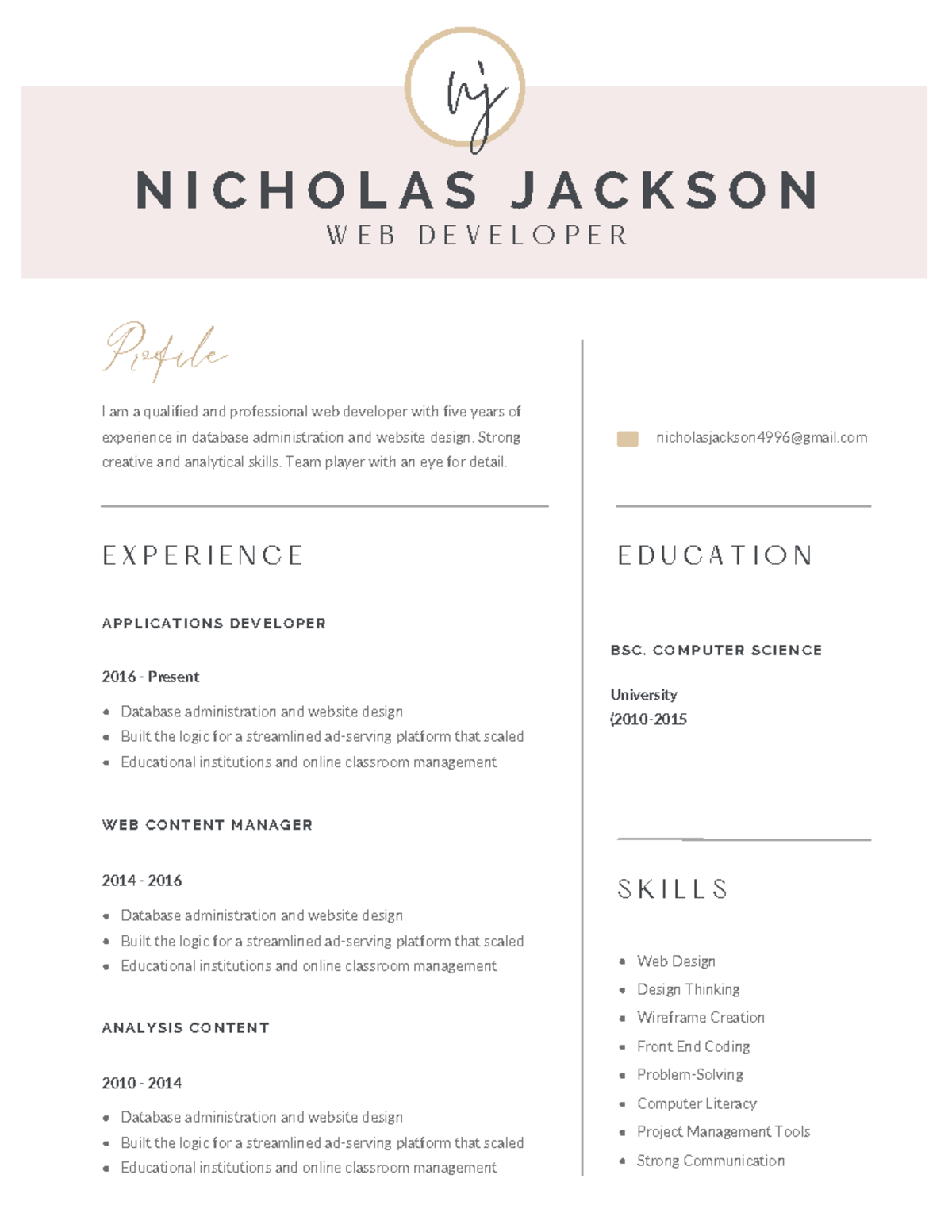 N.Jackson CV - Sample Curriculum Vitae - W E B D E V E L O P E R N I C H O L A S J A C K S O N ...