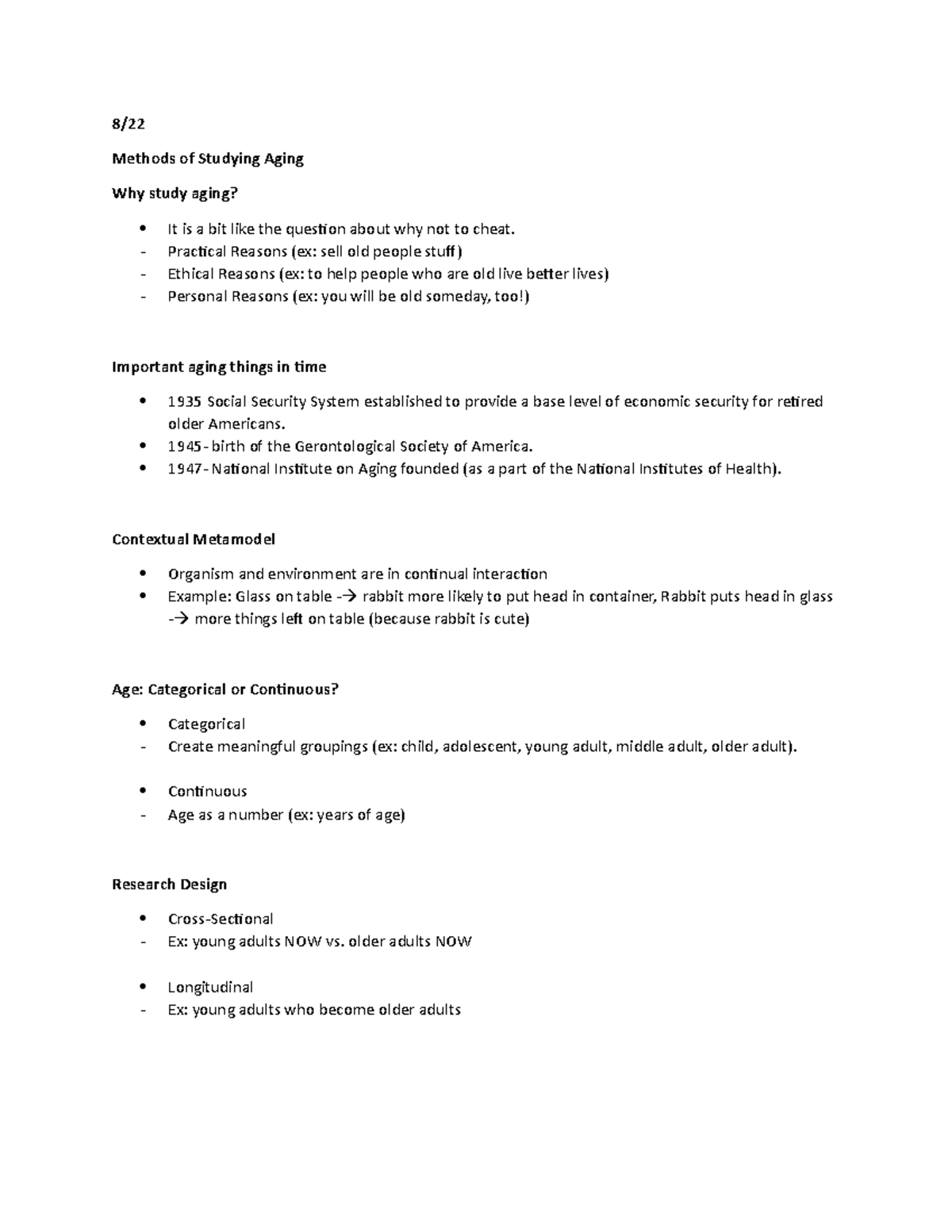Psychology of Aging - Lecture Notes from class - 8/ Methods of Studying ...