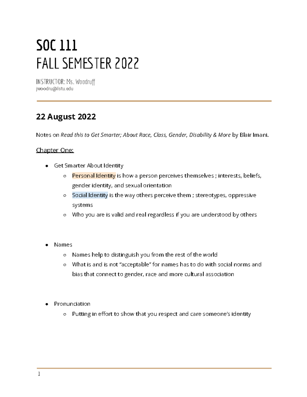 Book 1 Notes - SOC 111 FALL SEMTER 2022 INSTRUCTOR: Ms. Woodruff ...