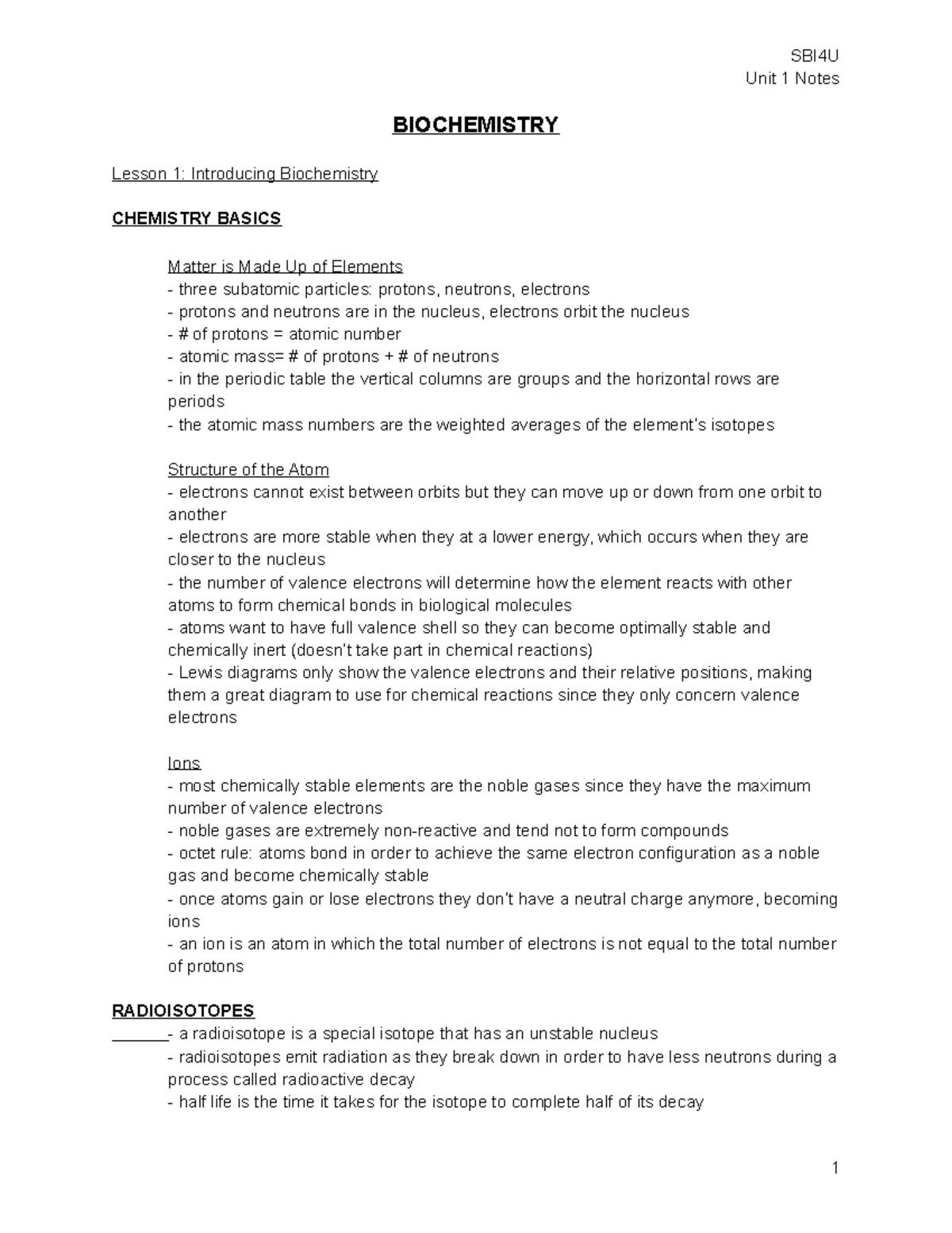 Lesson 1 bio notes - Unit 1 Notes BIOCHEMISTRY Lesson 1: Introducing ...