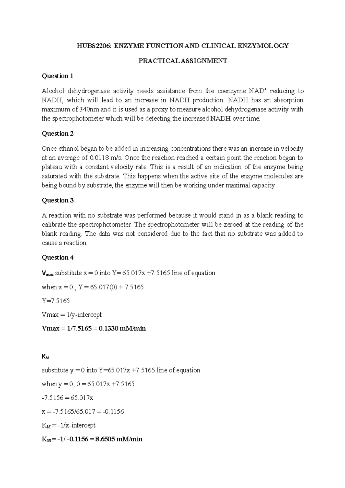 HUBS2206 - Enzymes Practical Assignment - HUBS2206: ENZYME FUNCTION AND ...