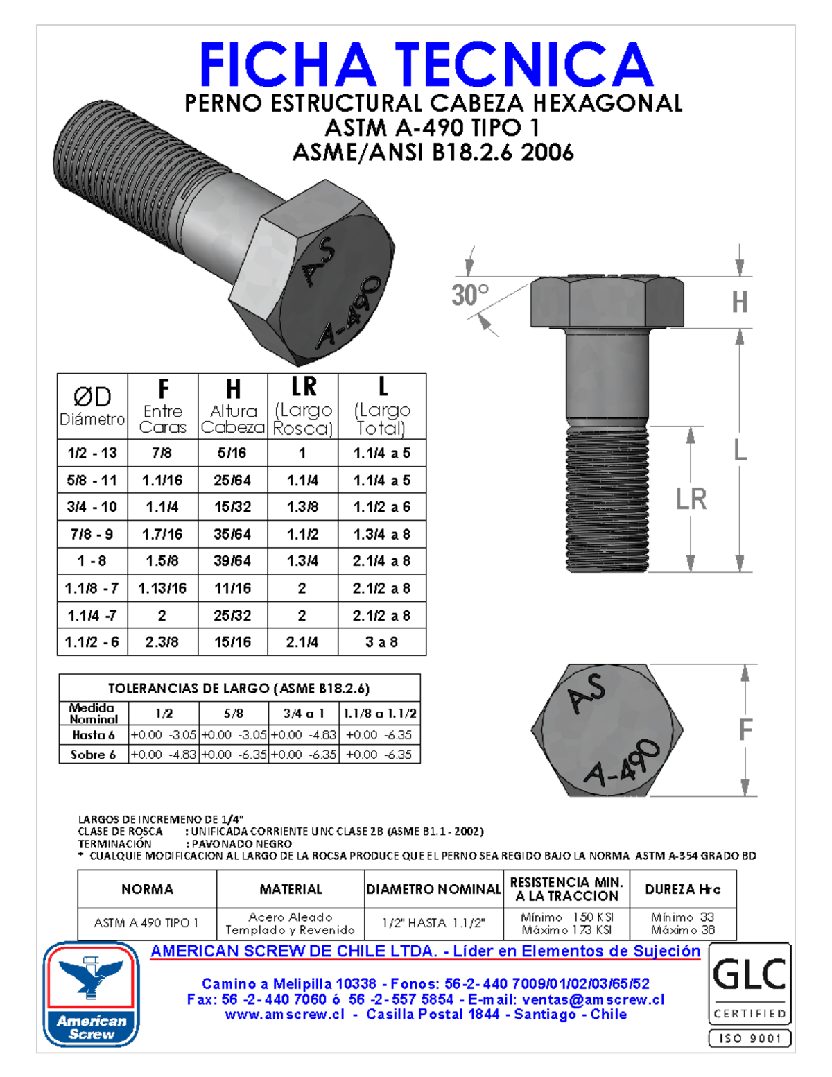 Ficha Tecnica Perno Estructural ASTM A-490 TIPO 1 - F 30° H LR L PERNO ESTRUCTURAL CABEZA ...