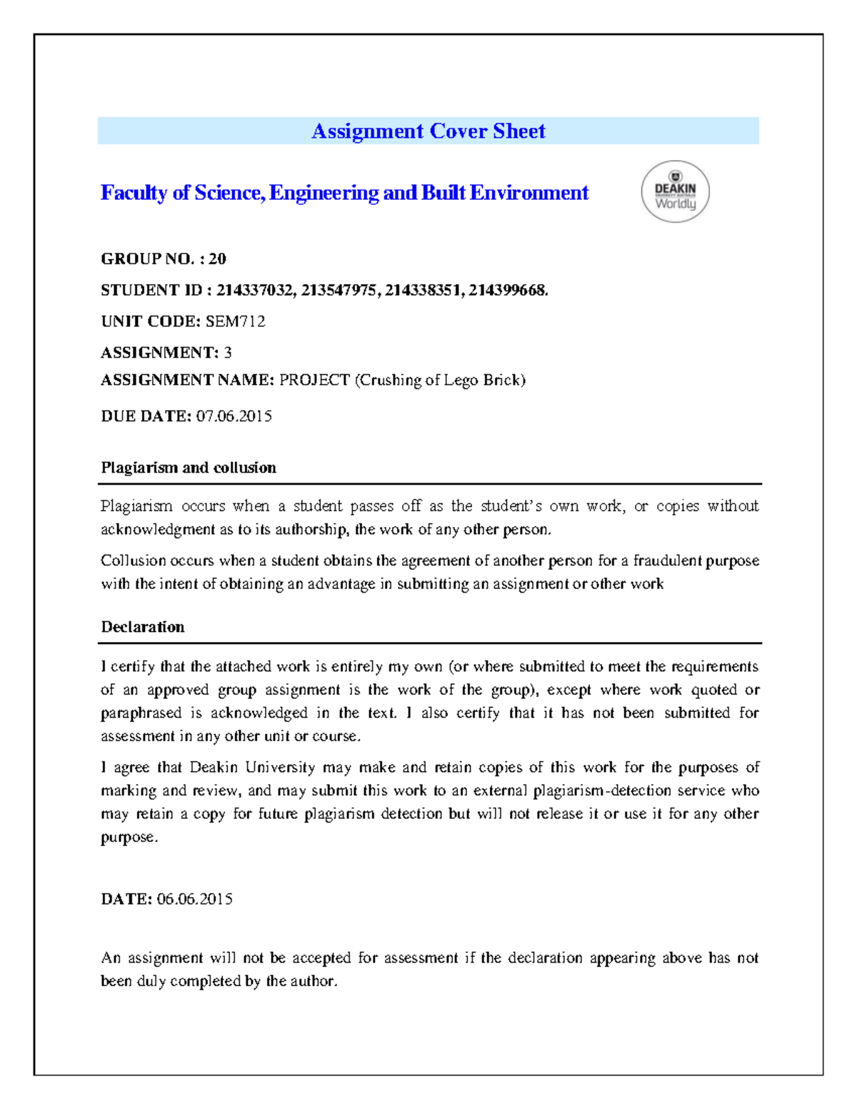 Practical - LEGO brick final report - Assignment Cover Sheet Faculty of ...