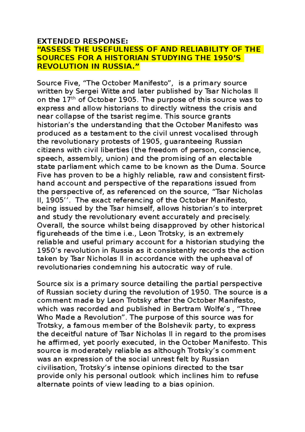 Extended Response- Modern History - EXTENDED RESPONSE: “ASSESS THE ...