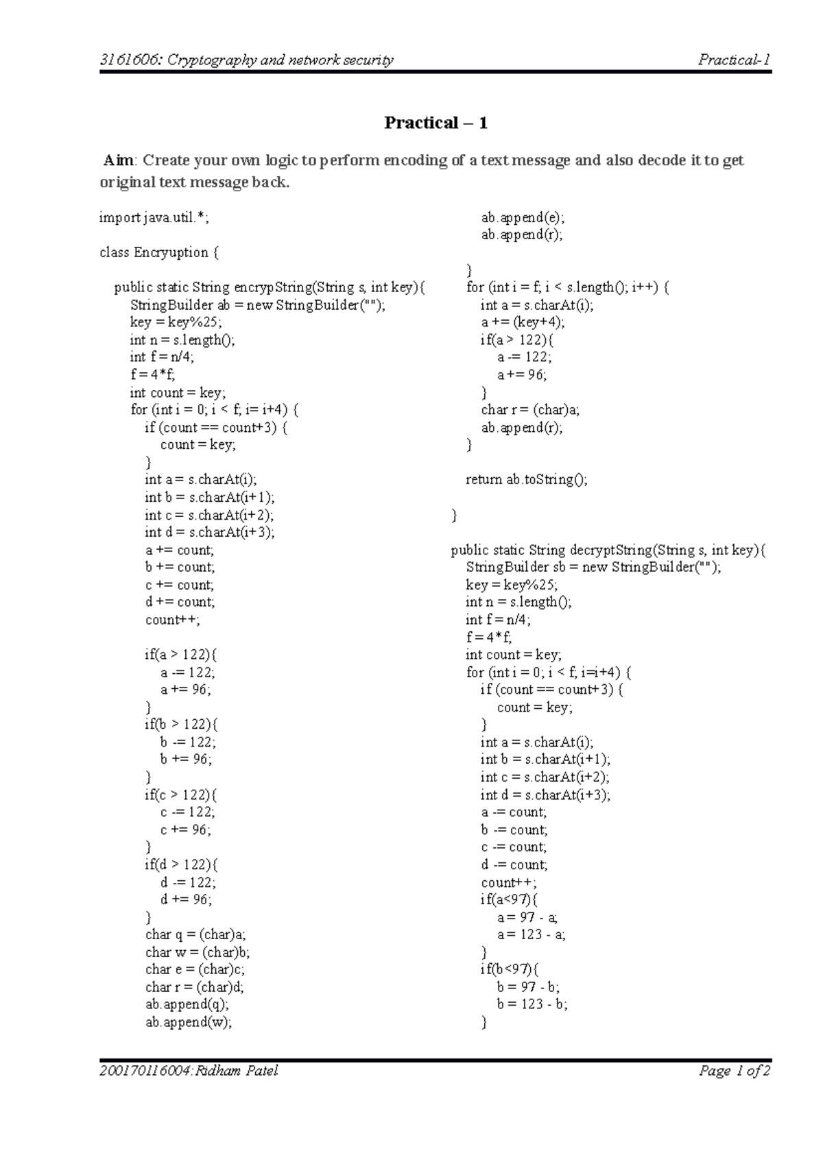 Practical 1 - IPDC - 3161606: Cryptography and network security ...